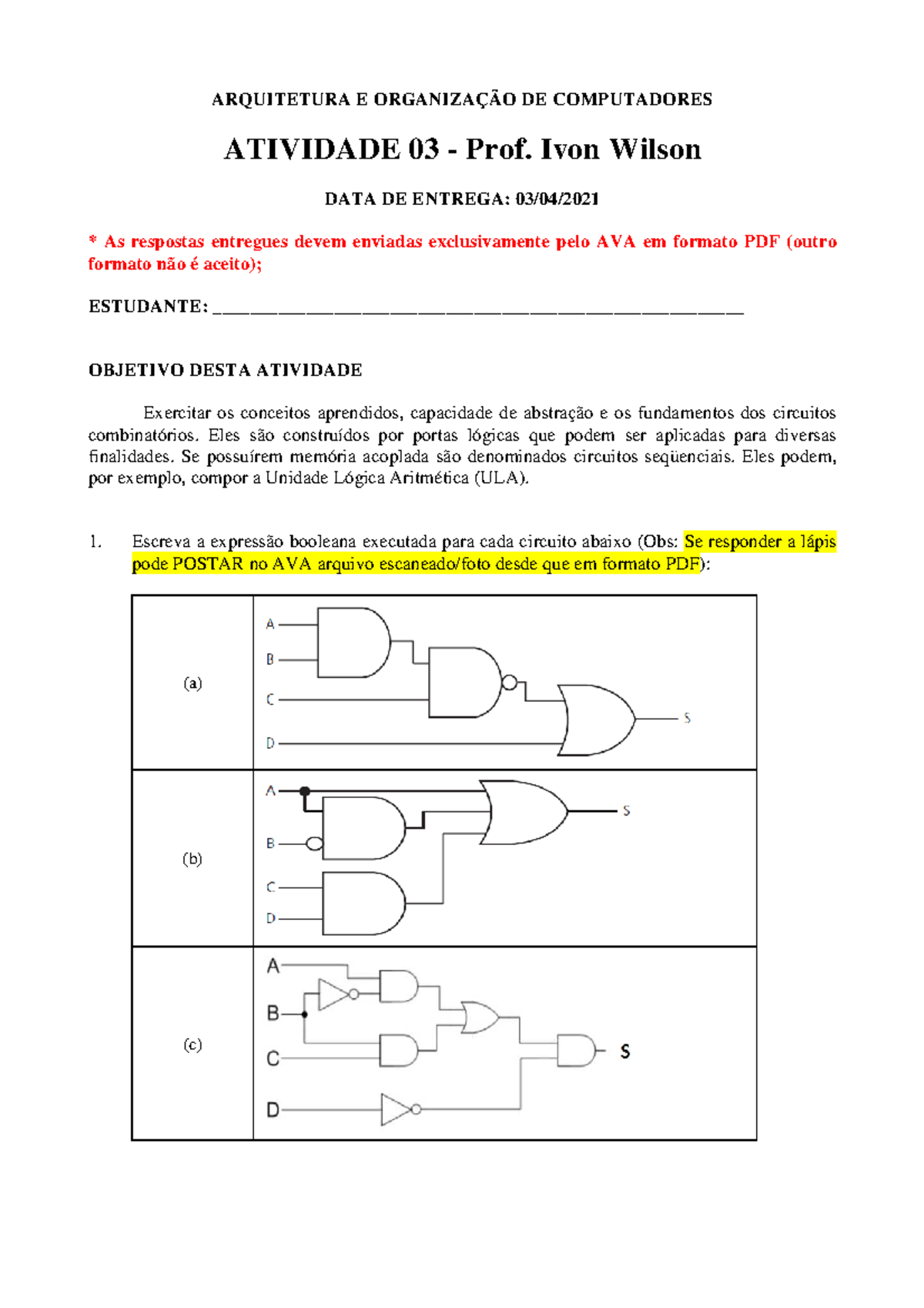 20210323 Atividade 03 - ARQUITETURA E ORGANIZAÇÃO DE COMPUTADORES ...