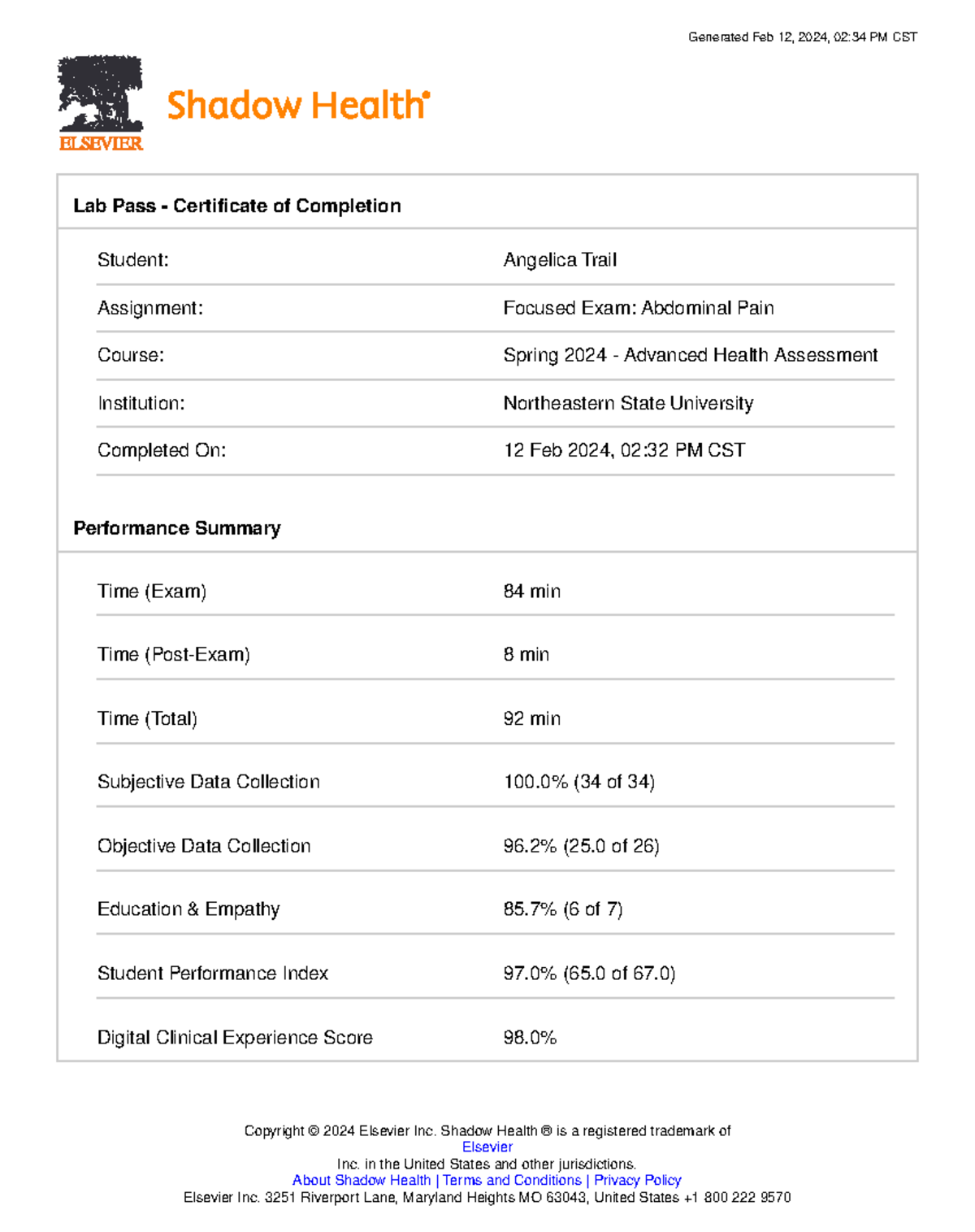 Trail angelica labpass Focused Exam Abd Pain - Generated Feb 12, 2024 ...