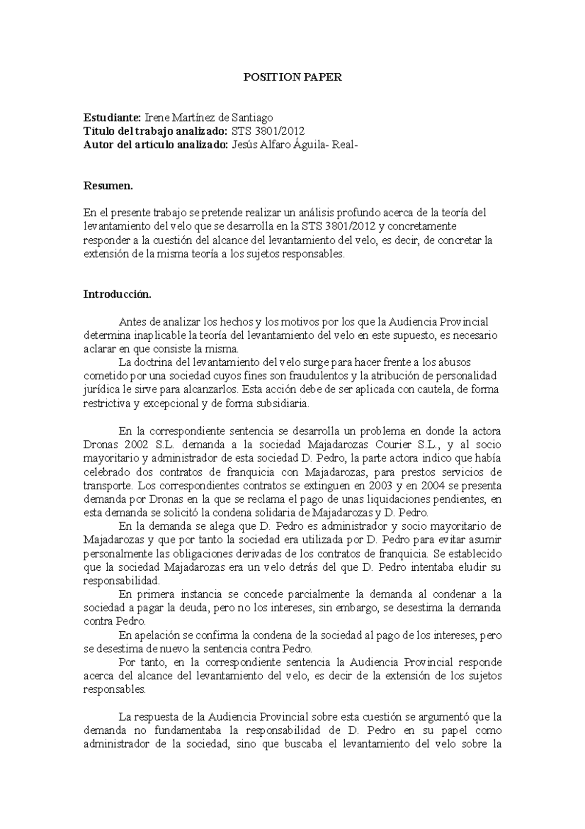 Position paper 1 - POSITION PAPER Estudiante: Irene Martínez de ...