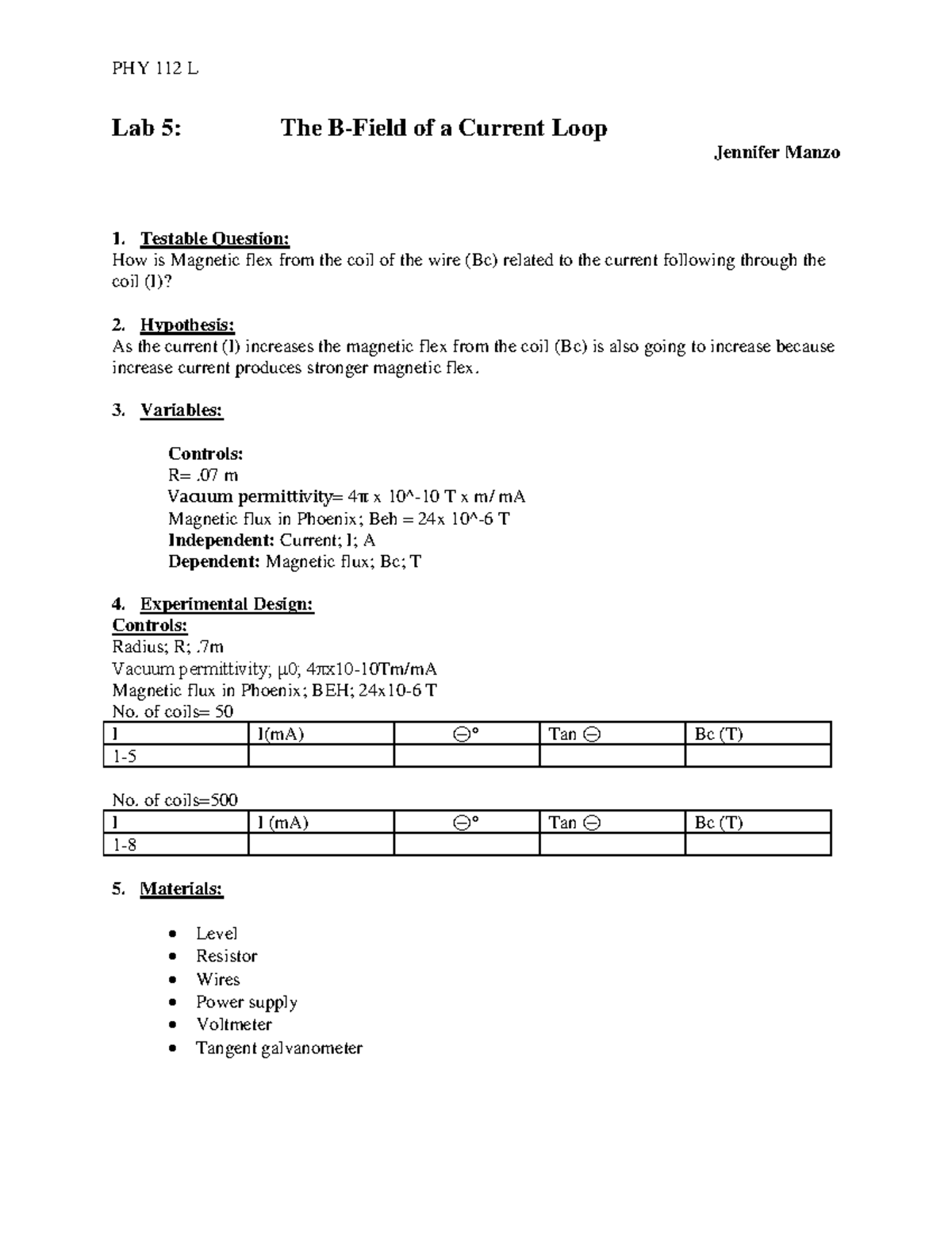 Lab 112- 5 - Lab physics 5 - Lab 5: The B-Field of a Current Loop ...