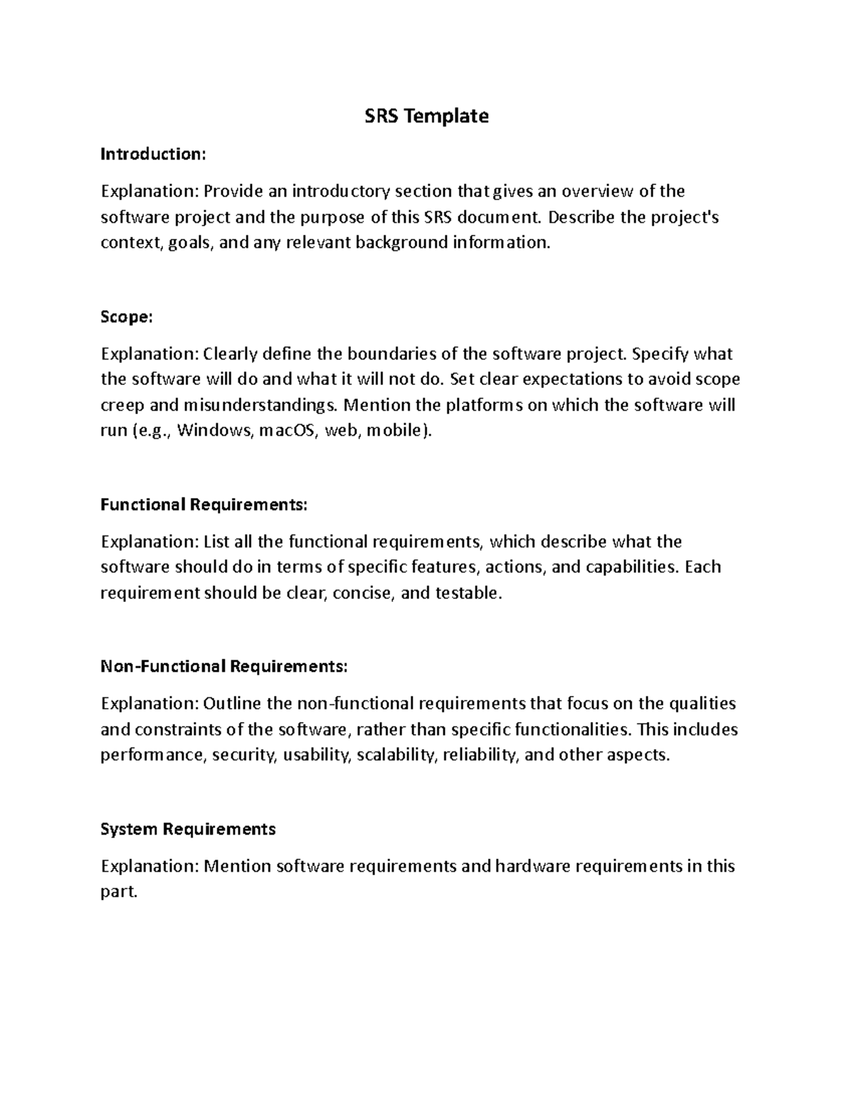 SRS Template - hvbhjbvh hdbhdbfhdbfh - SRS Template Introduction: Explanation: Provide an - Studocu