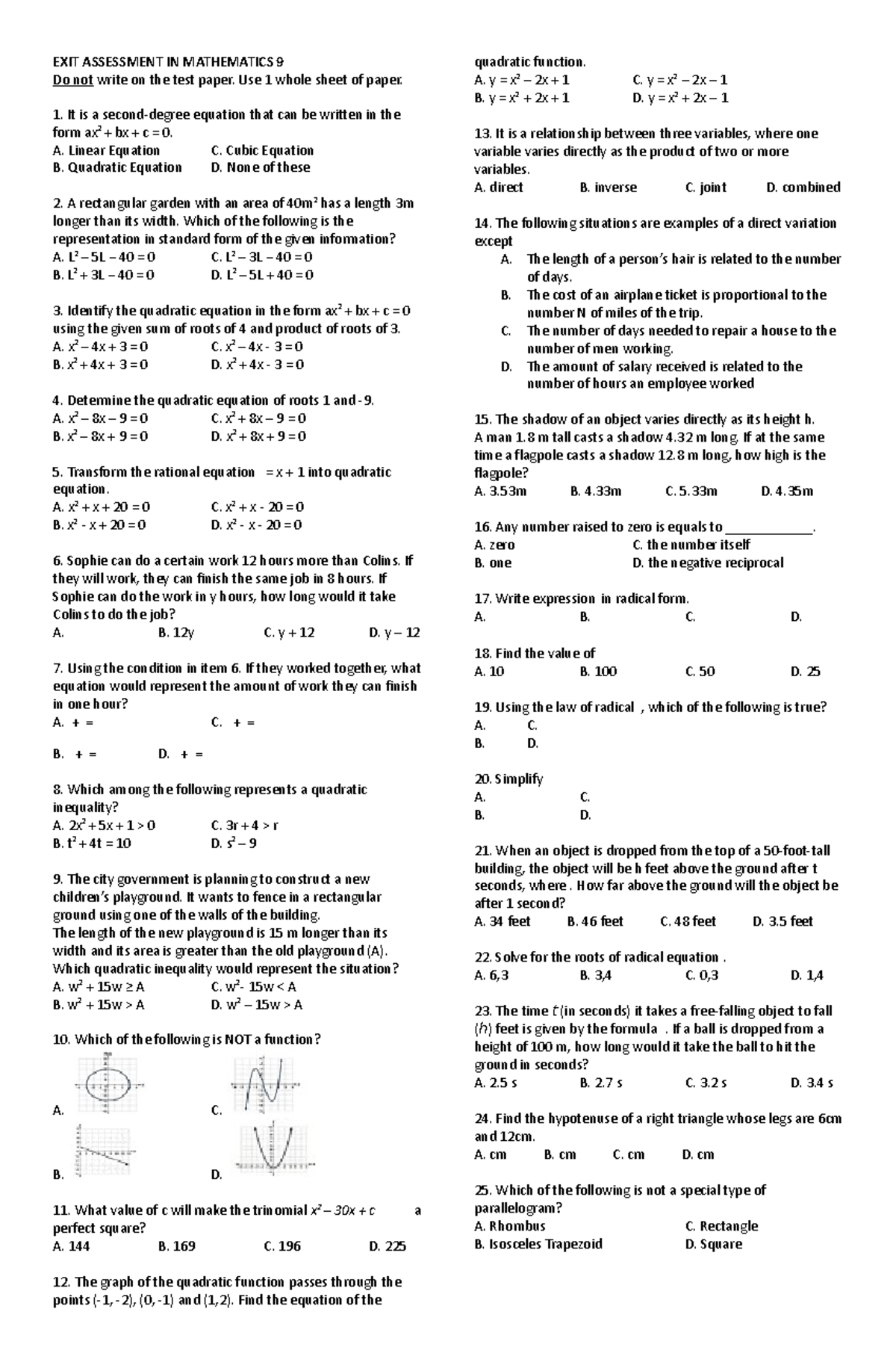 exit assessment - EXIT ASSESSMENT IN MATHEMATICS 9 Do not write on the ...
