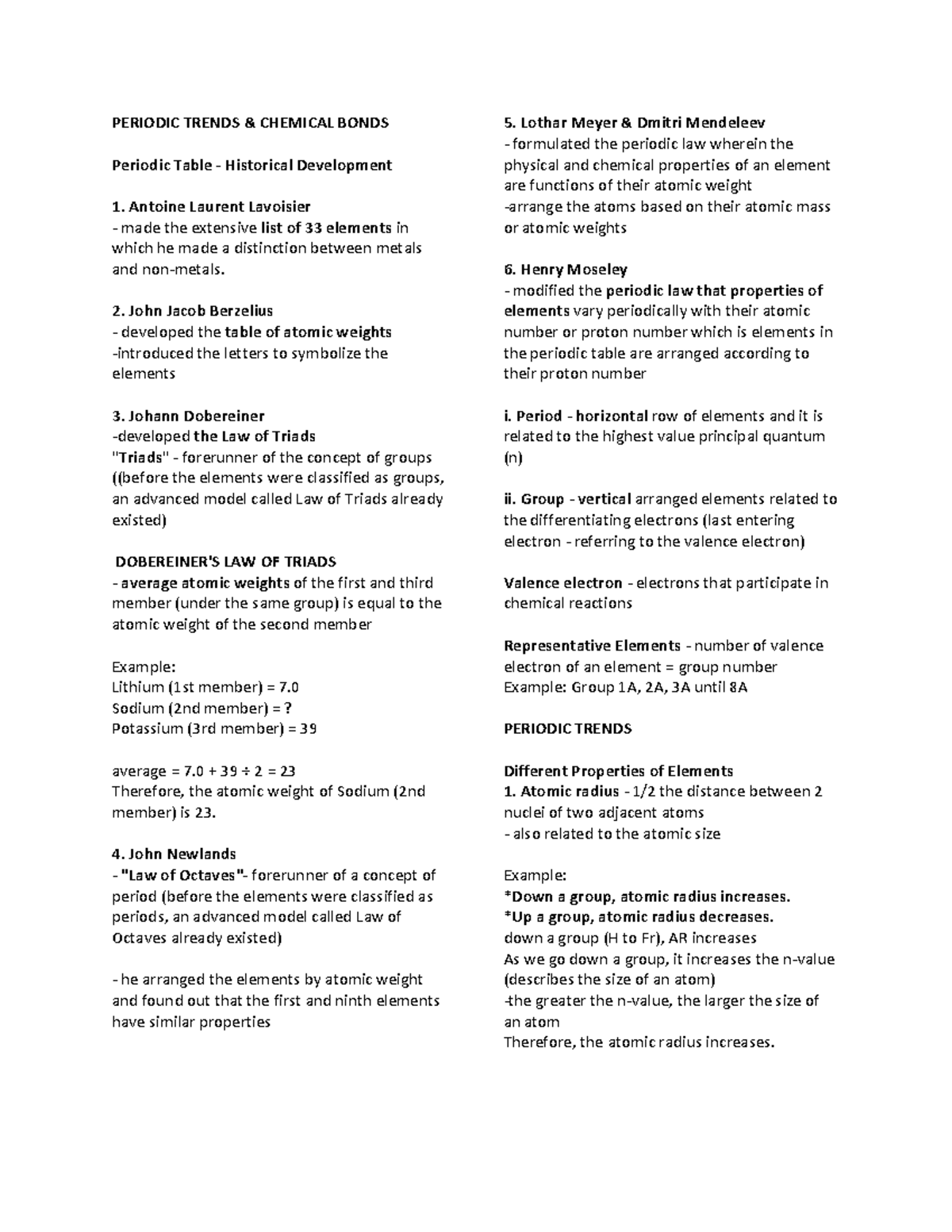 Periodic Trend & Chemical Bonds - Notes - PERIODIC TRENDS & CHEMICAL ...