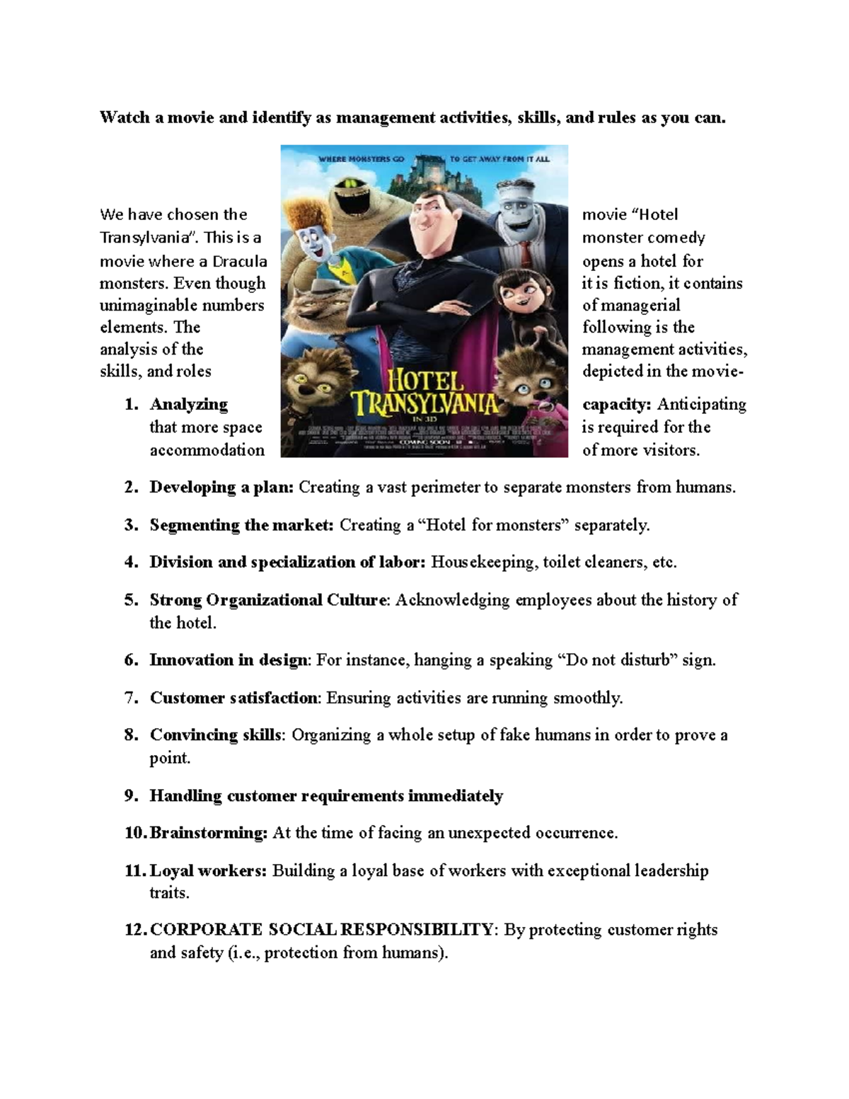 Watch a movie and identify as management activities - We have chosen ...