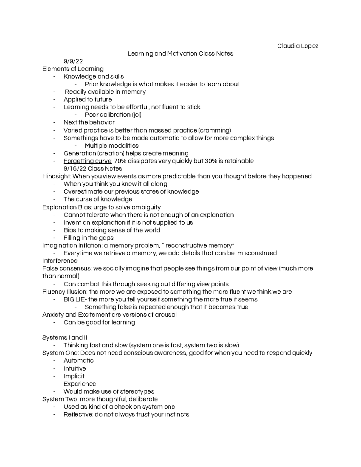 Learning and motivation class notes - Claudia Lopez Learning and ...
