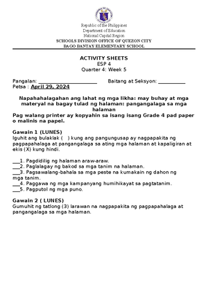 Science 4 Activity Sheet Q4 W5 - ACTIVITY SHEETS SCIENCE 4 Quarter 4: Week 5 Name: - Studocu