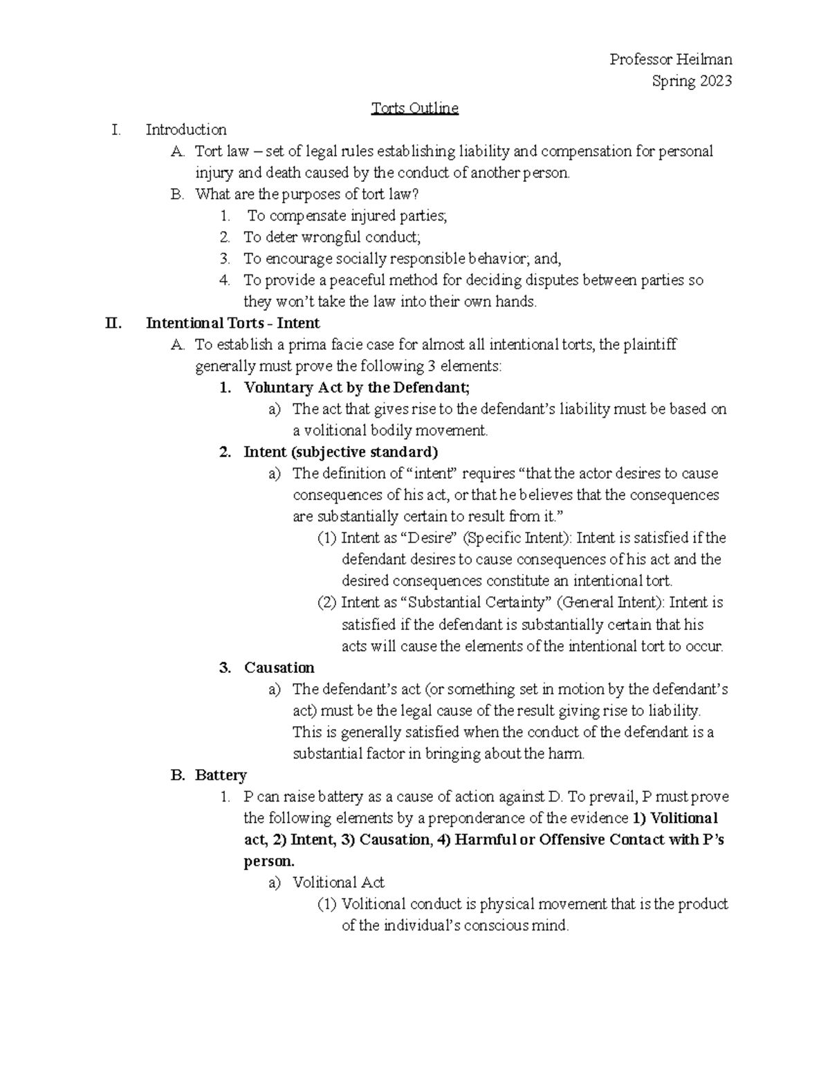 Torts Outline 2022 - Professor Heilman Spring 2023 Torts Outline I ... Torts Outline 2022 - Professor Heilman Spring 2023 Torts Outline I ...