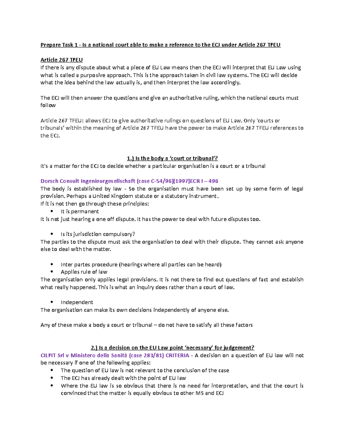 Article 267 TFEU Reference to the ECJ - Prepare Task 1 - Is a national ...