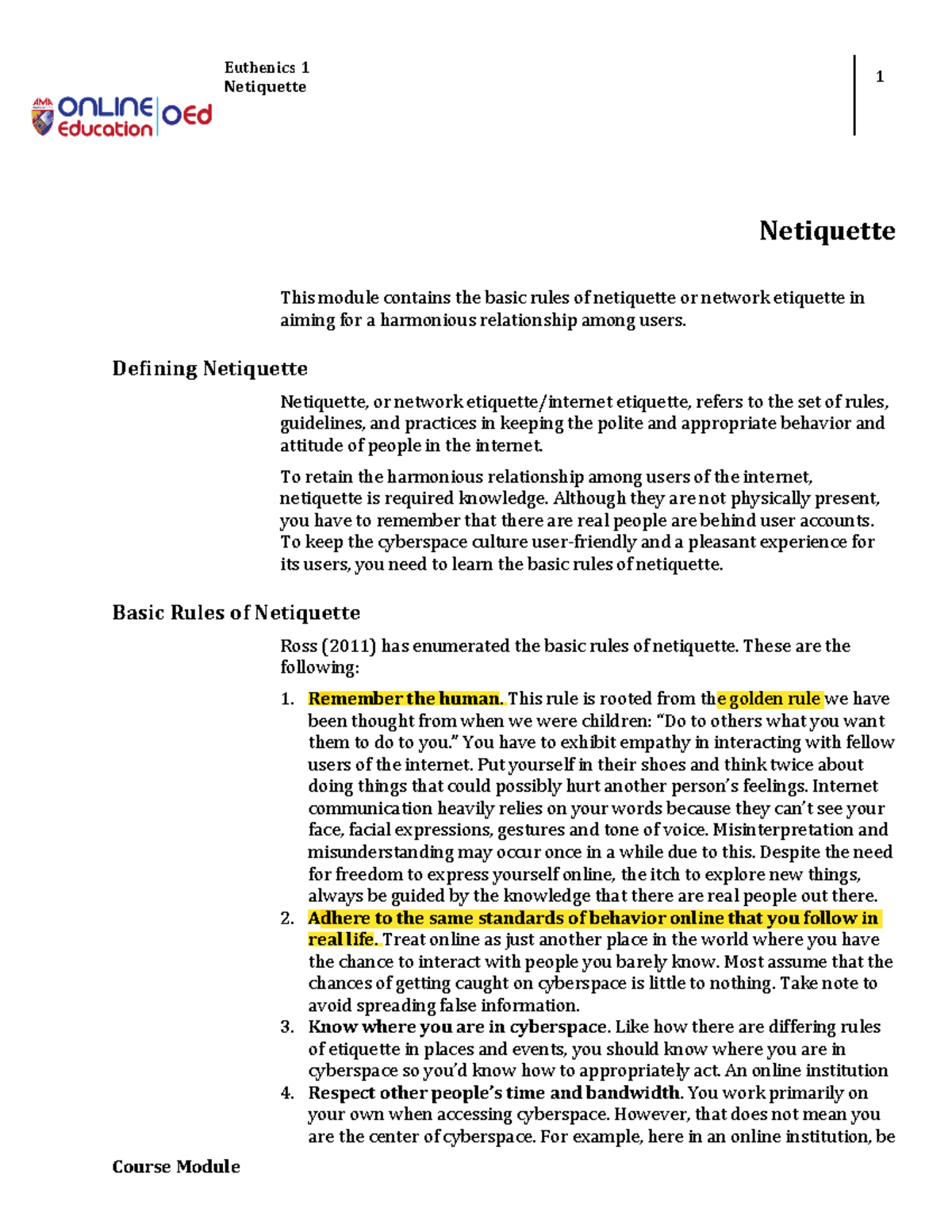 Week 5 - Lesson 4 - Netiquette - Euthenics 1 Netiquette 1 Course Module ...