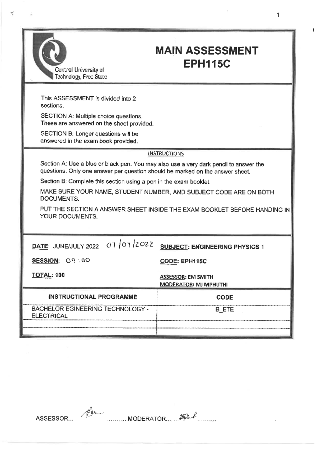 EPH11C M S1 2022 - past paper - EEN125B - Studocu