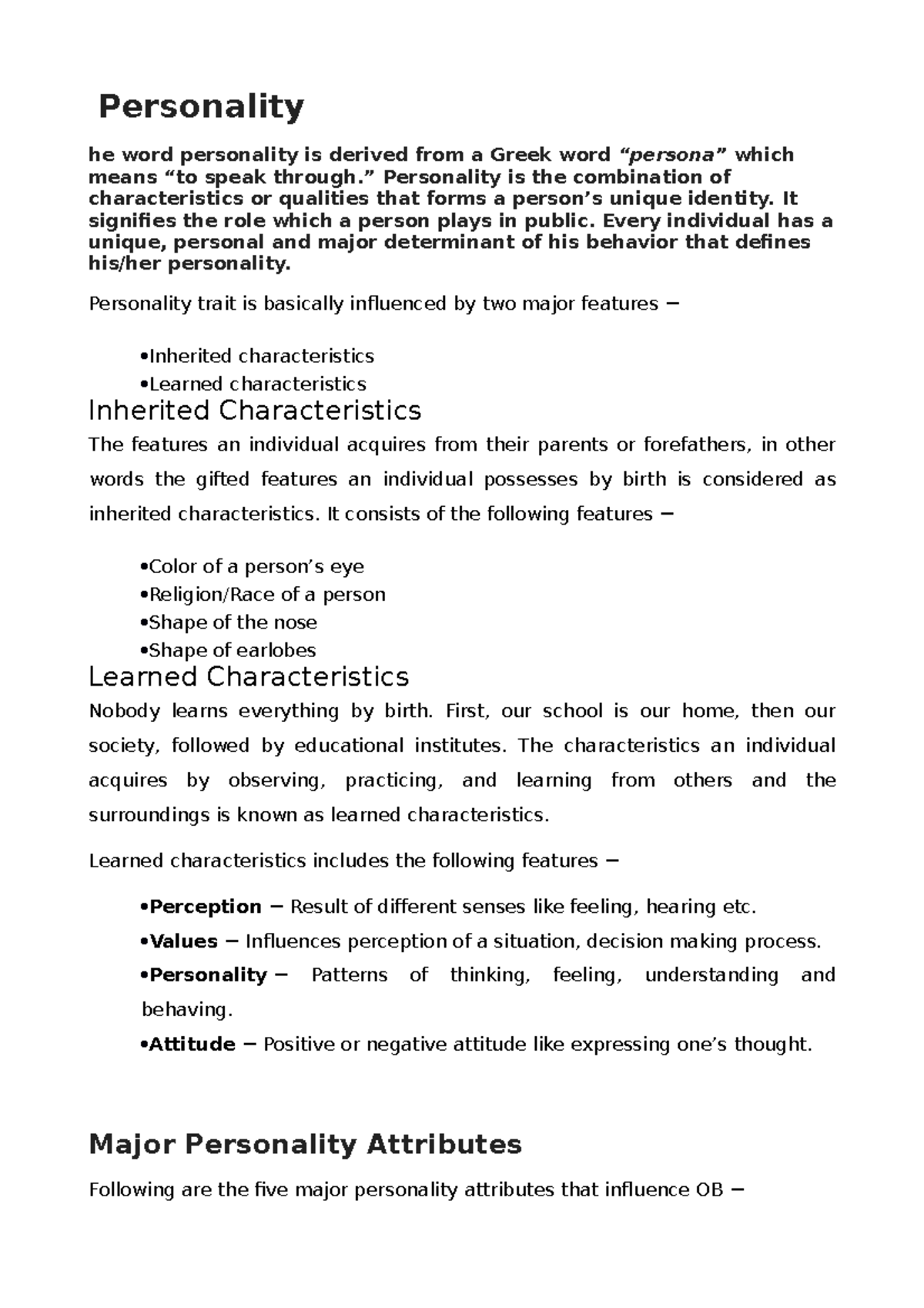 Unit-2 - Noted for exam prep - Personality ####### he word personality ...