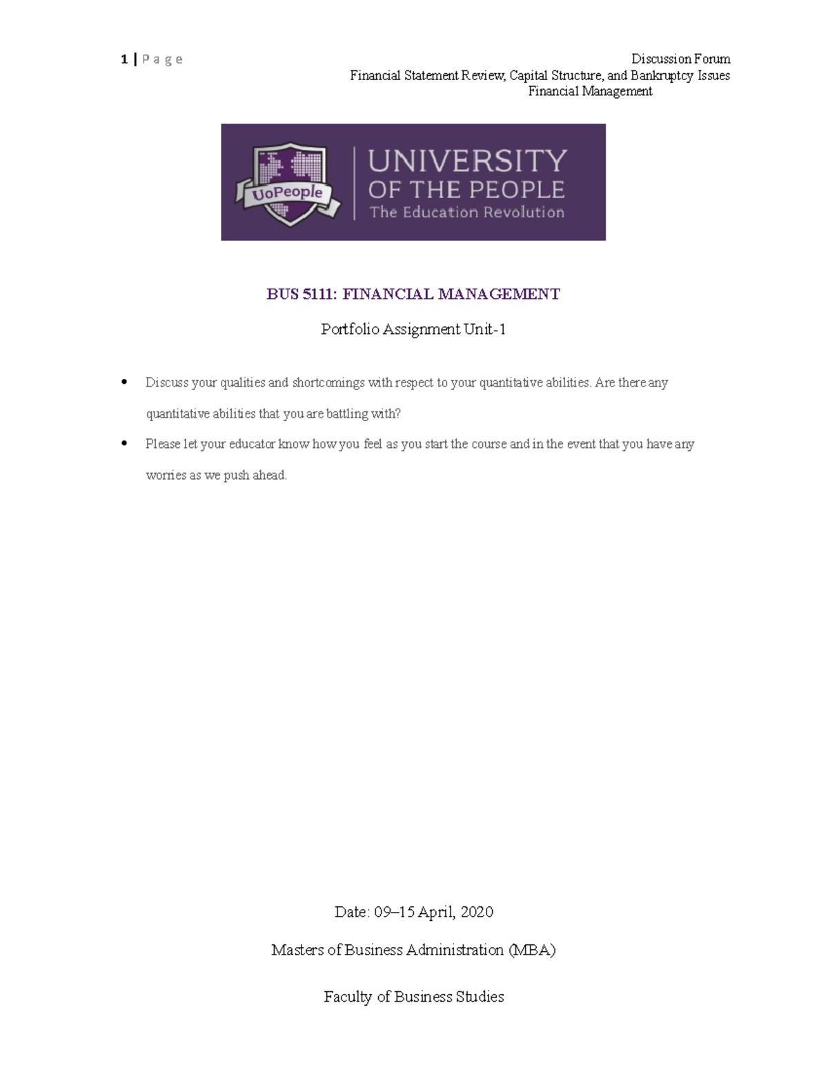 Portfolio Assignment Unit-1-FIN MGT - Financial Management BUS 5111 ...