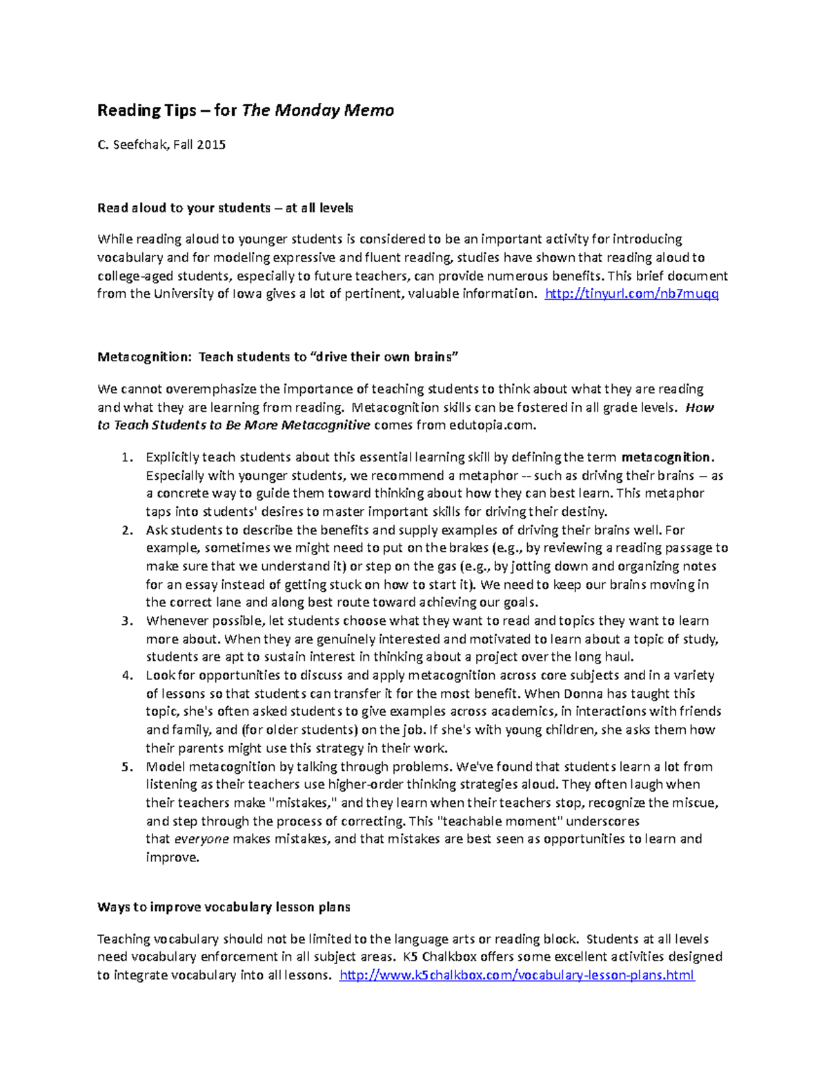 Seefchak Reading Tips for Memo - Reading Tips – for The Monday Memo C ...