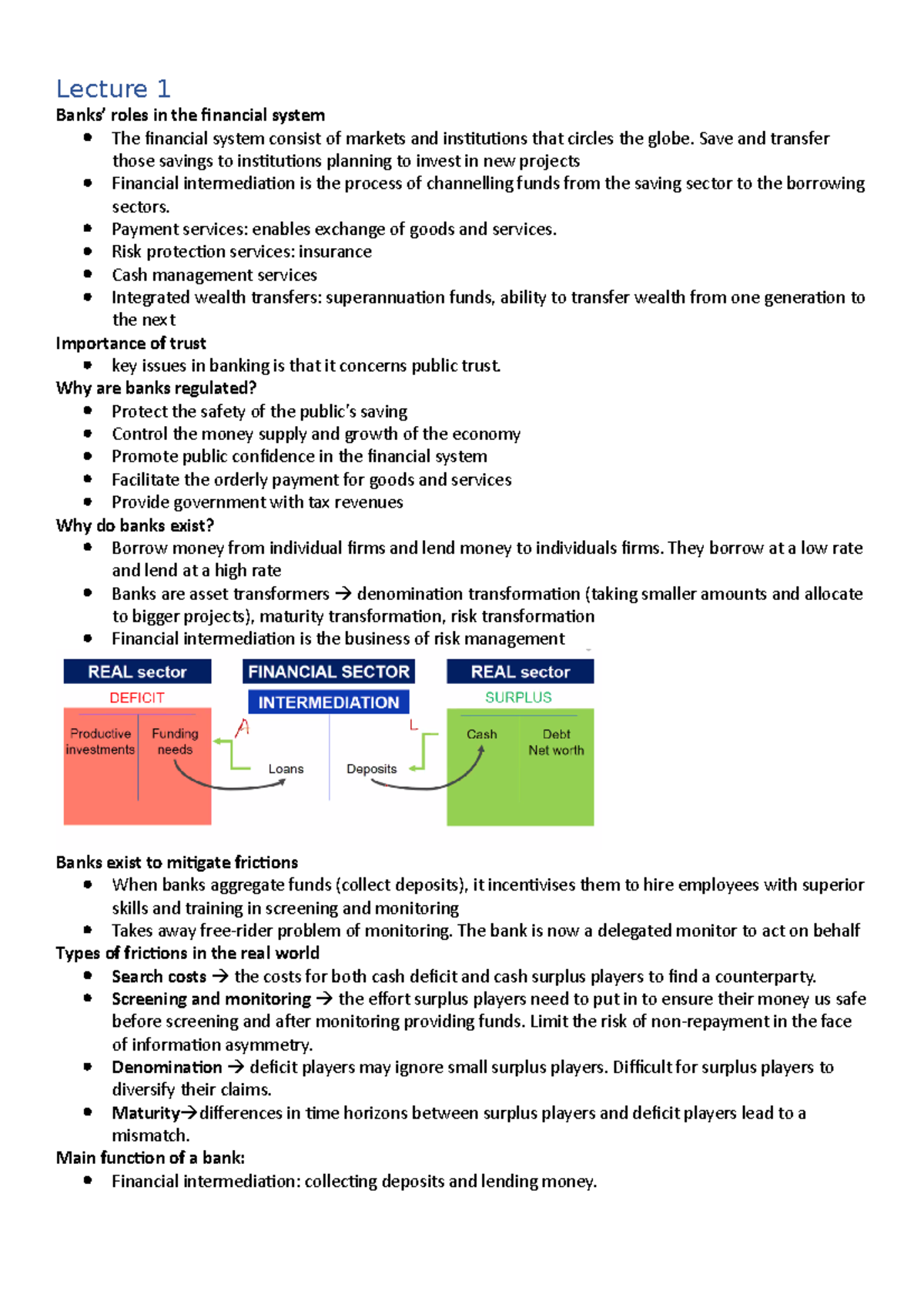 Lecture 1 - Lecture 1 Banks’ roles in the financial system The ...