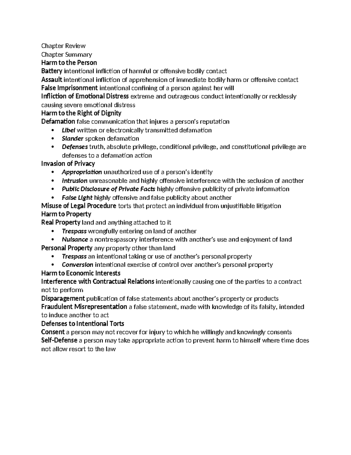 Ch 7 Summary - notes - Chapter Review Chapter Summary Harm to the ...