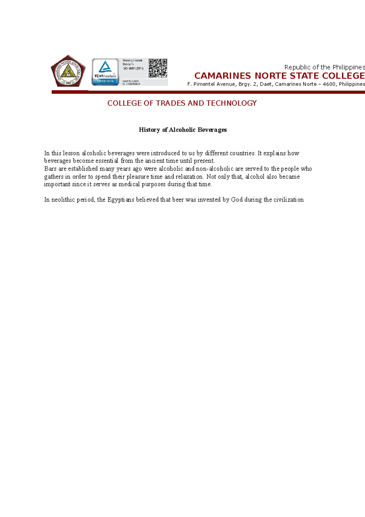 Bartending - History of Alcoholic Beverages In this lesson alcoholic ...