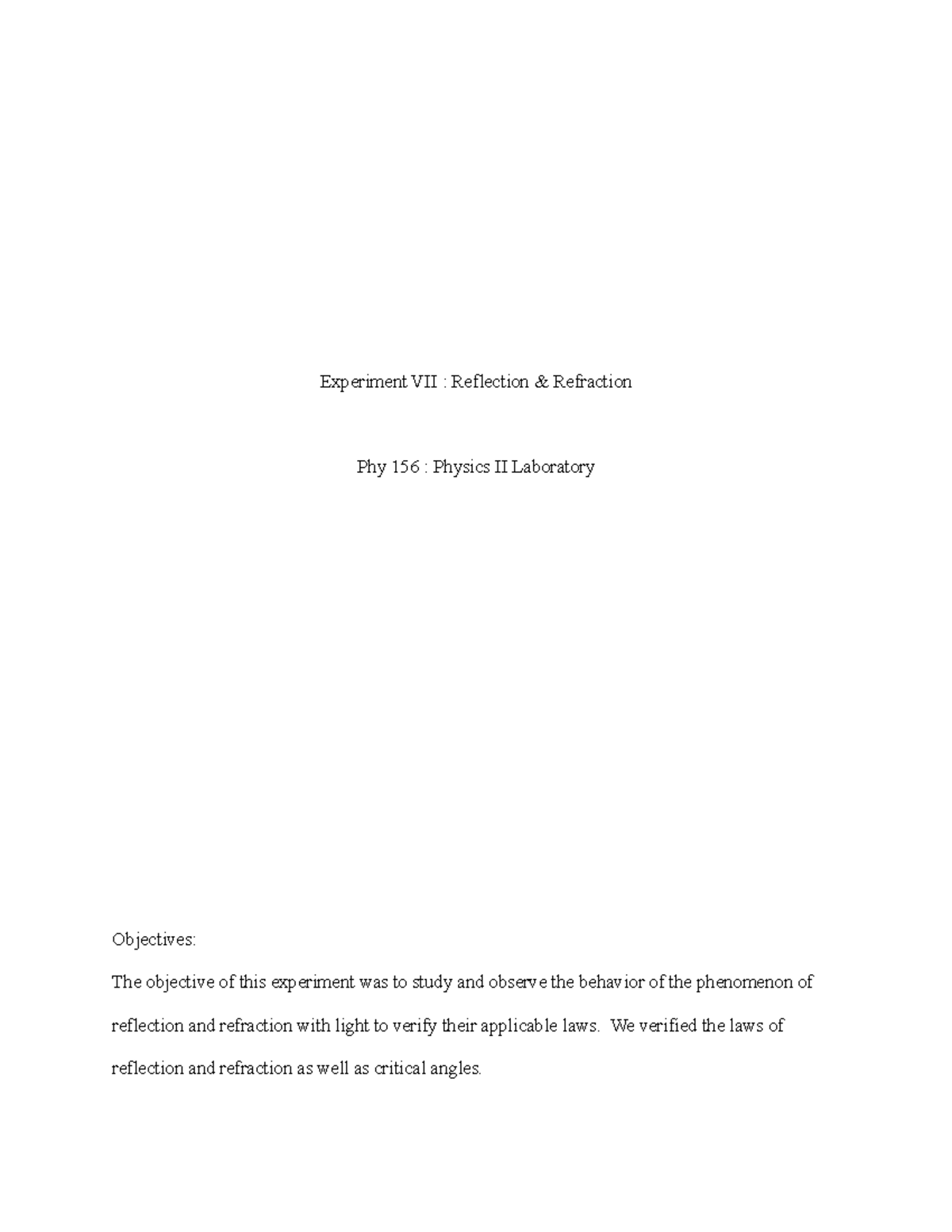 Phy 156 Lab 7 Releflection and Refraction - Experiment VII : Reflection ...