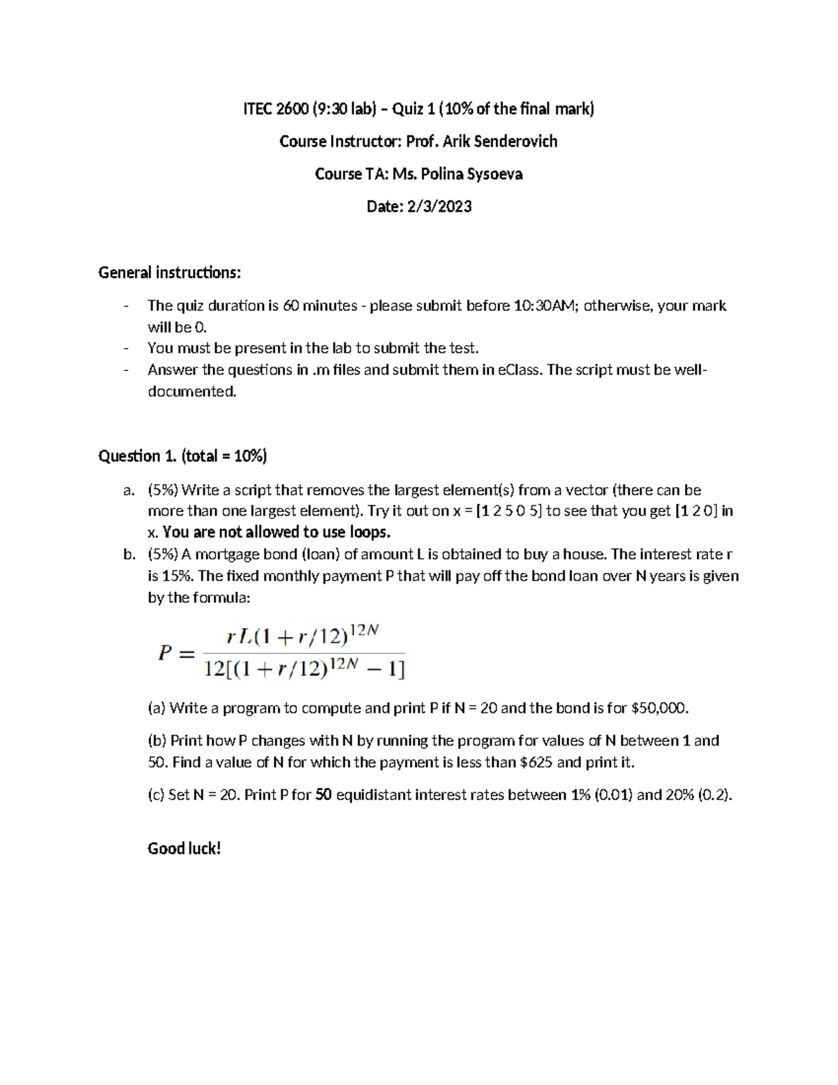ITEC 2600 930 - old quiz 1 - ITEC 2600 (9:30 lab) – Quiz 1 (10% of the ...