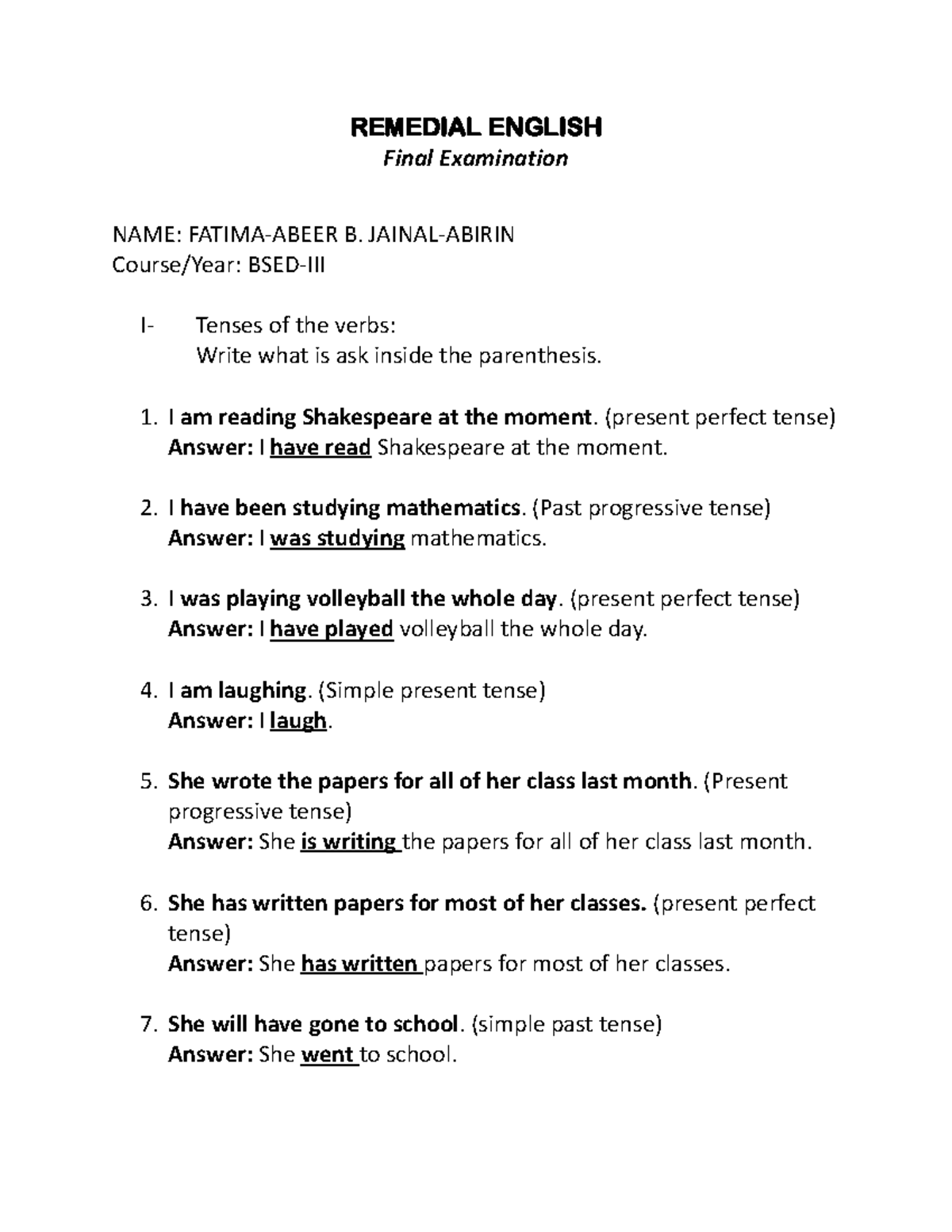 Remedial English ( Final e XAM) - REMEDIAL ENGLISH Final Examination ...