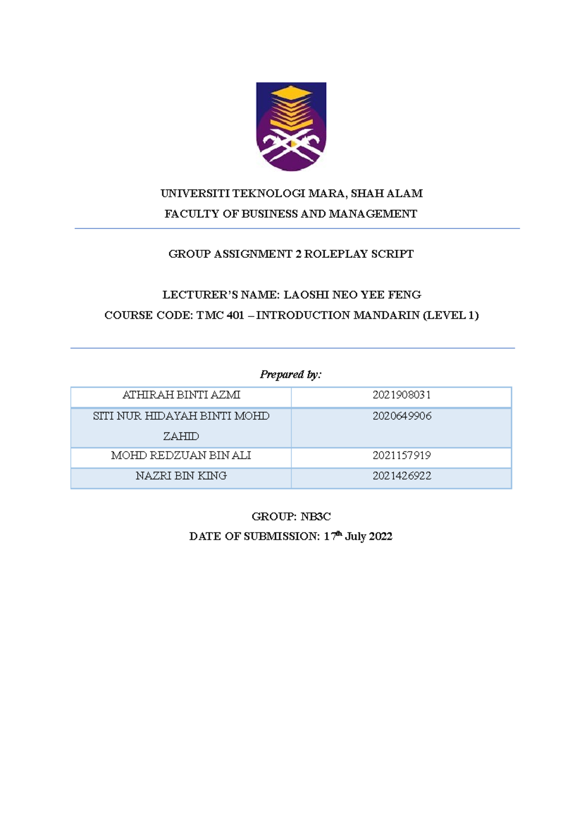 Roleplay example - ergerhrthrthr - UNIVERSITI TEKNOLOGI MARA, SHAH ALAM ...