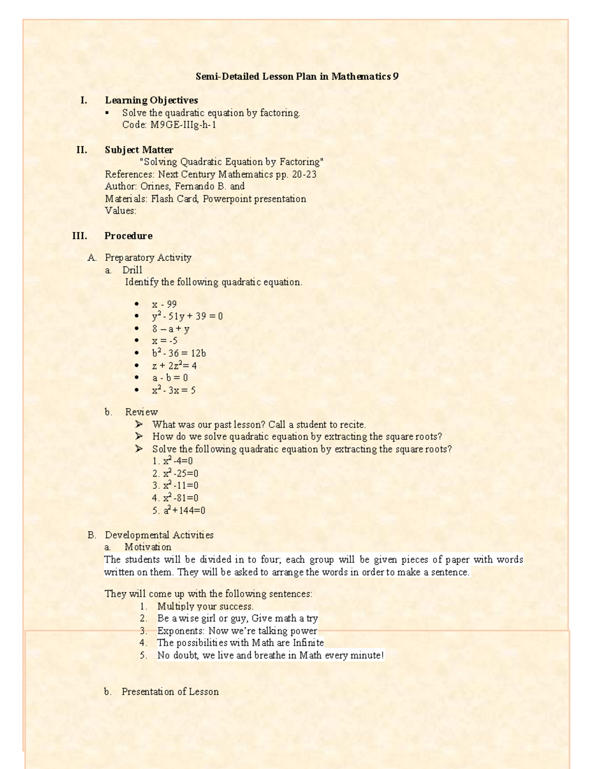 Semi-detailed lesson plan in Math 9 - Semi-Detailed Lesson Plan in ...