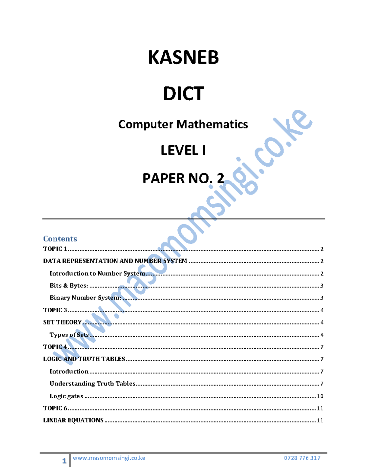 Computer- Mathematics- Sample - KASNEB DICT Computer Mathematics - **PAPER NO. LEVEL I** TOPIC ...