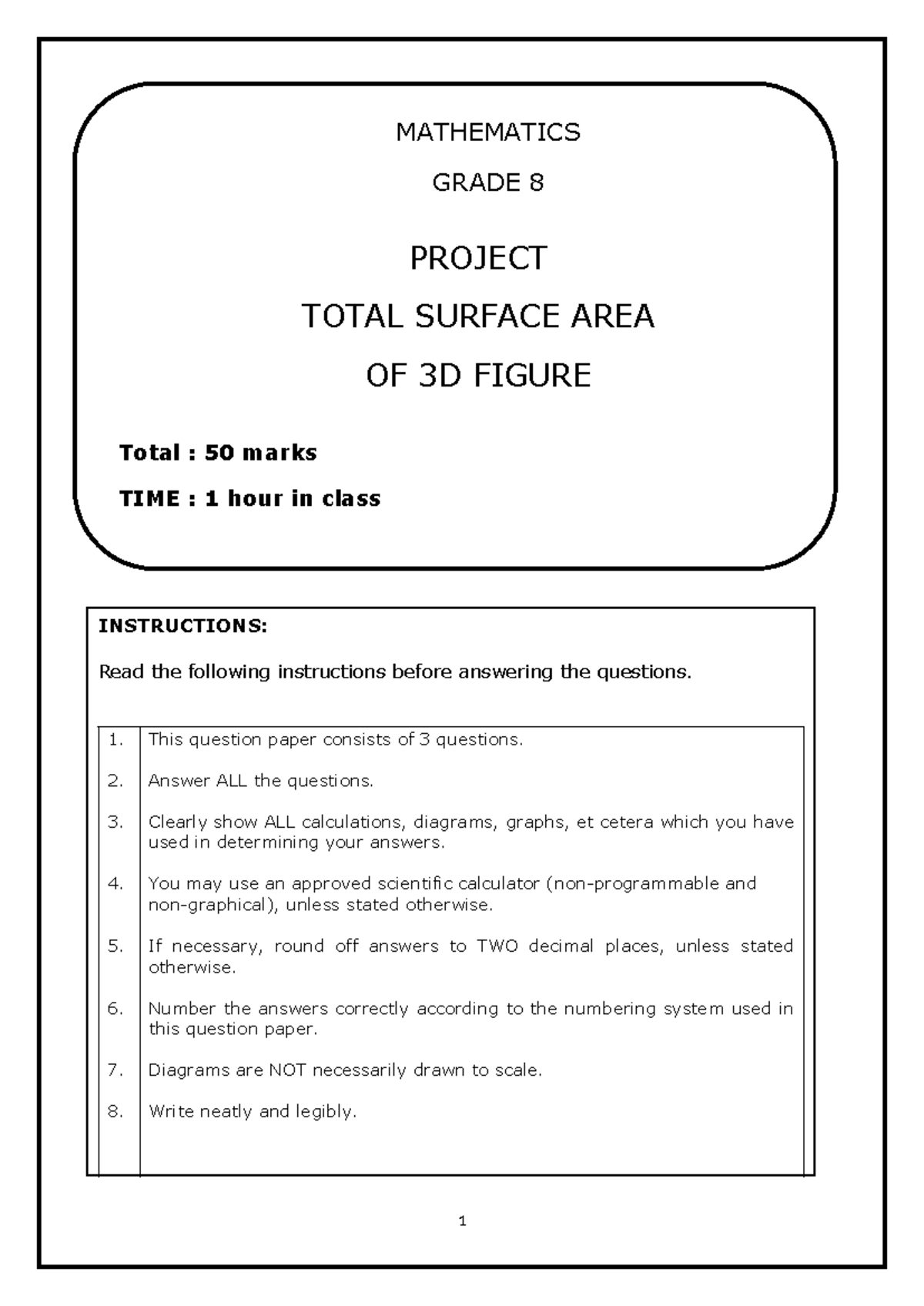 Mathematics Gr 8 Project Term 3 - Total : 50 marks TIME : 1 hour in ...