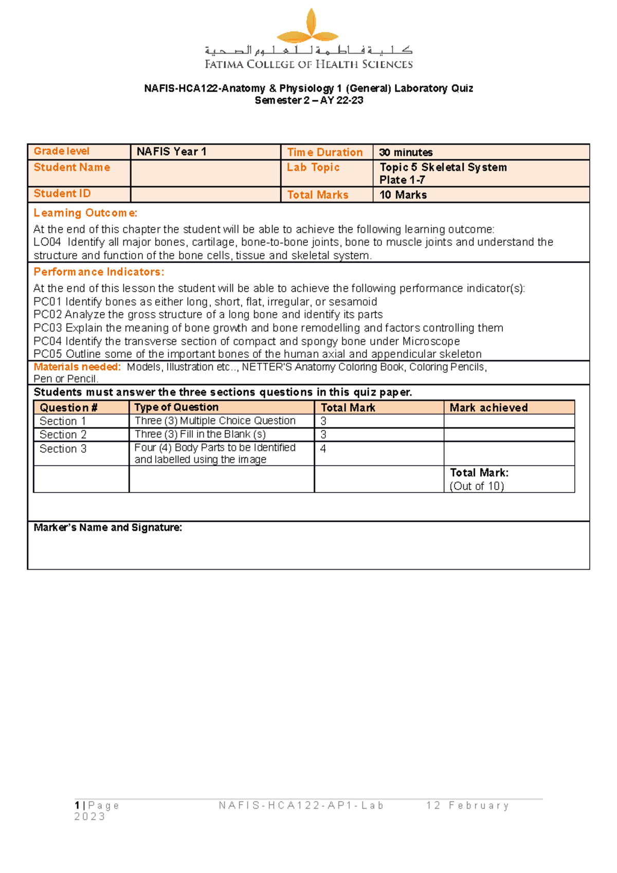 Lab 4 - Enjoy and good luck. - NAFIS-HCA122-Anatomy & Physiology 1 ...