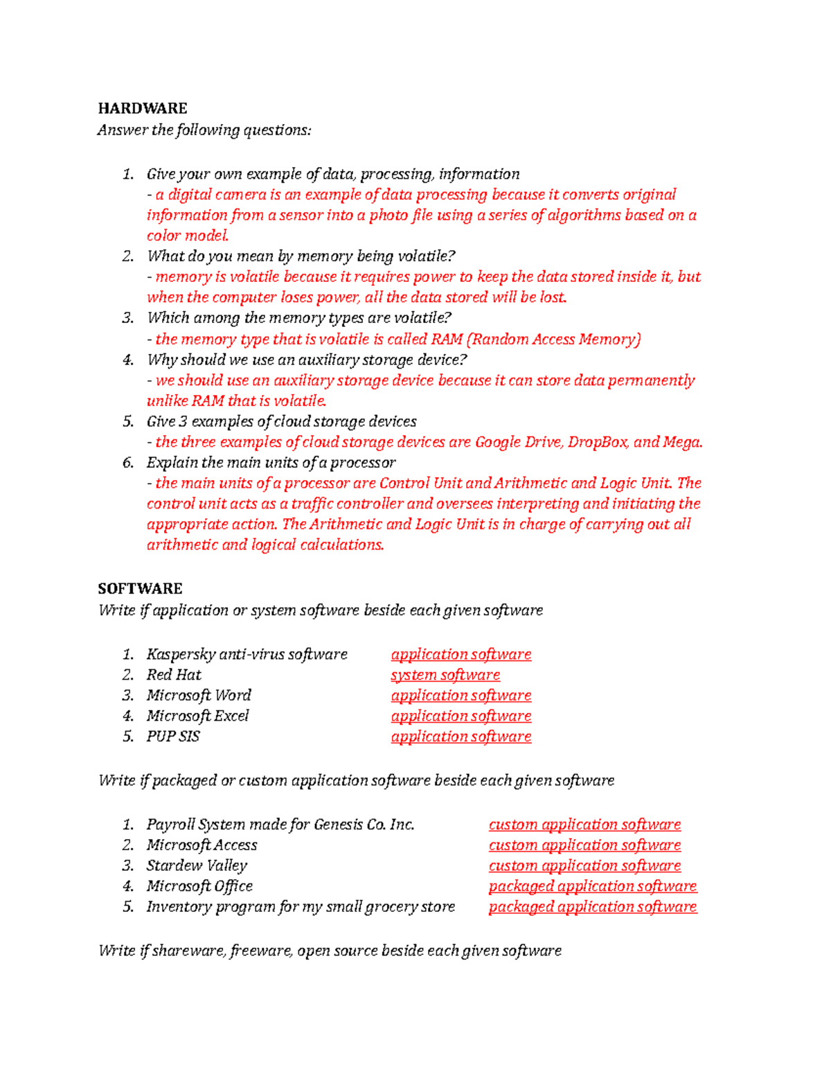 Elements of computer system - HARDWARE Answer the following questions ...