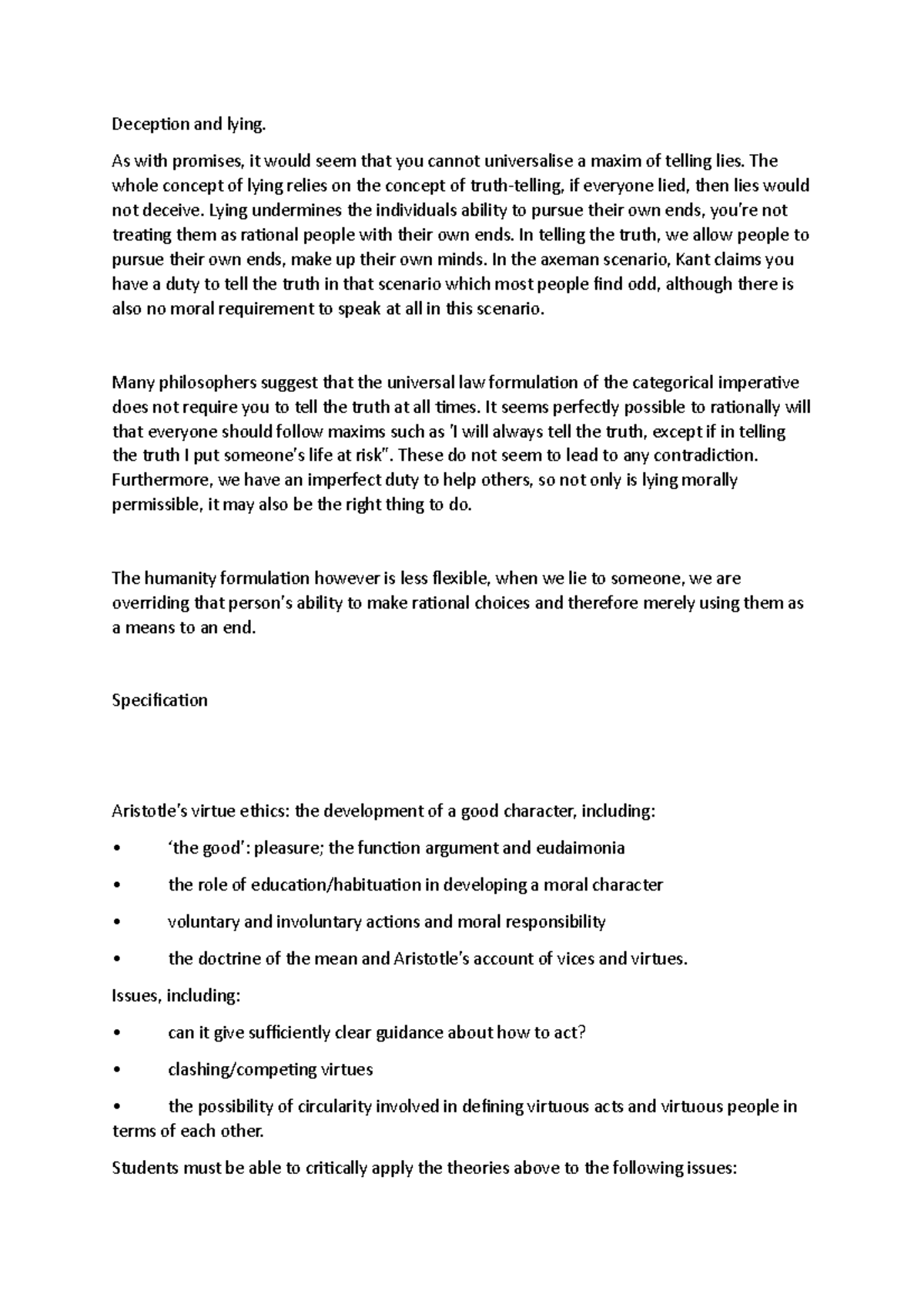 Deception and lying - in depth notes covering the module contents ...