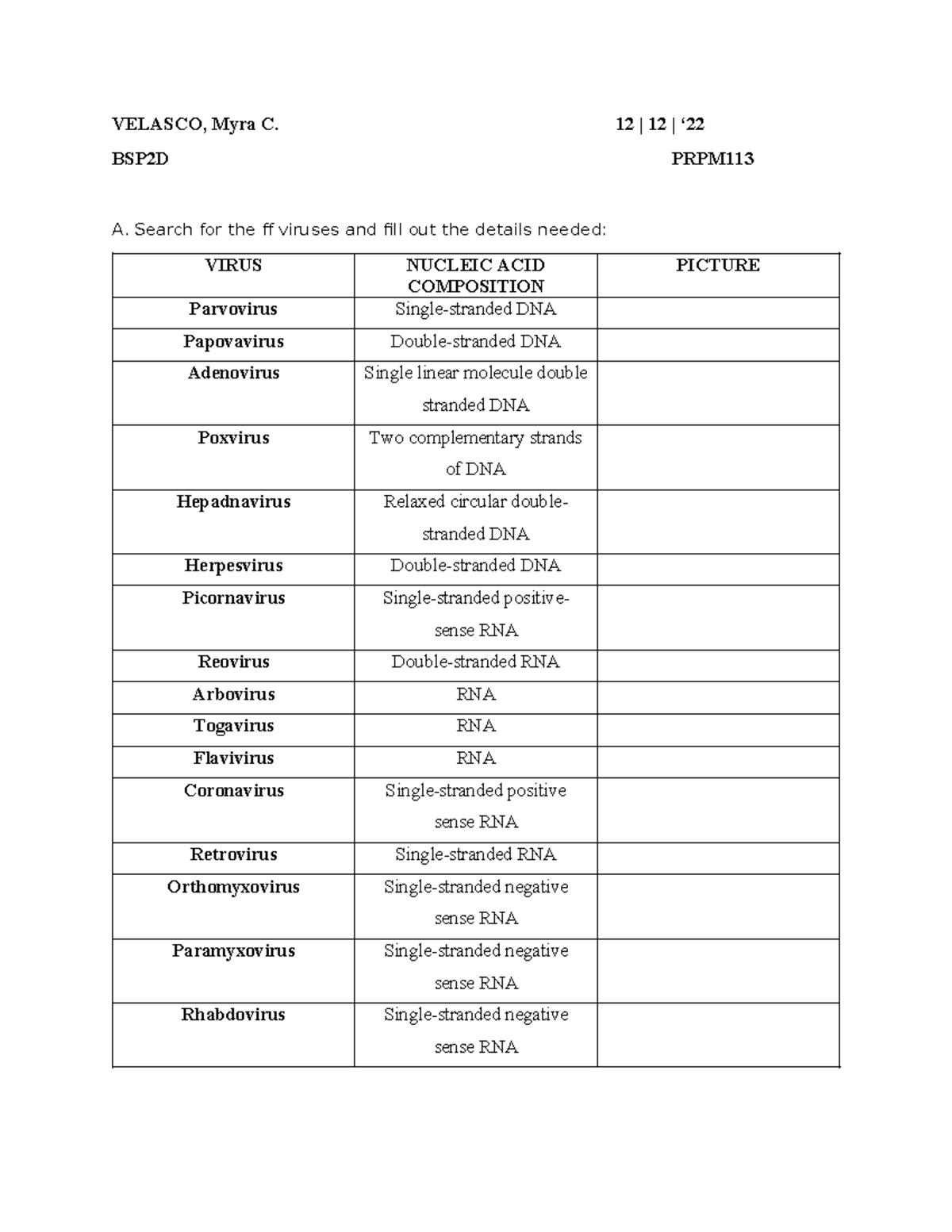 Virocology - VELASCO, Myra C. 12 | 12 | ‘ BSP2D PRPM A. Search for the ...