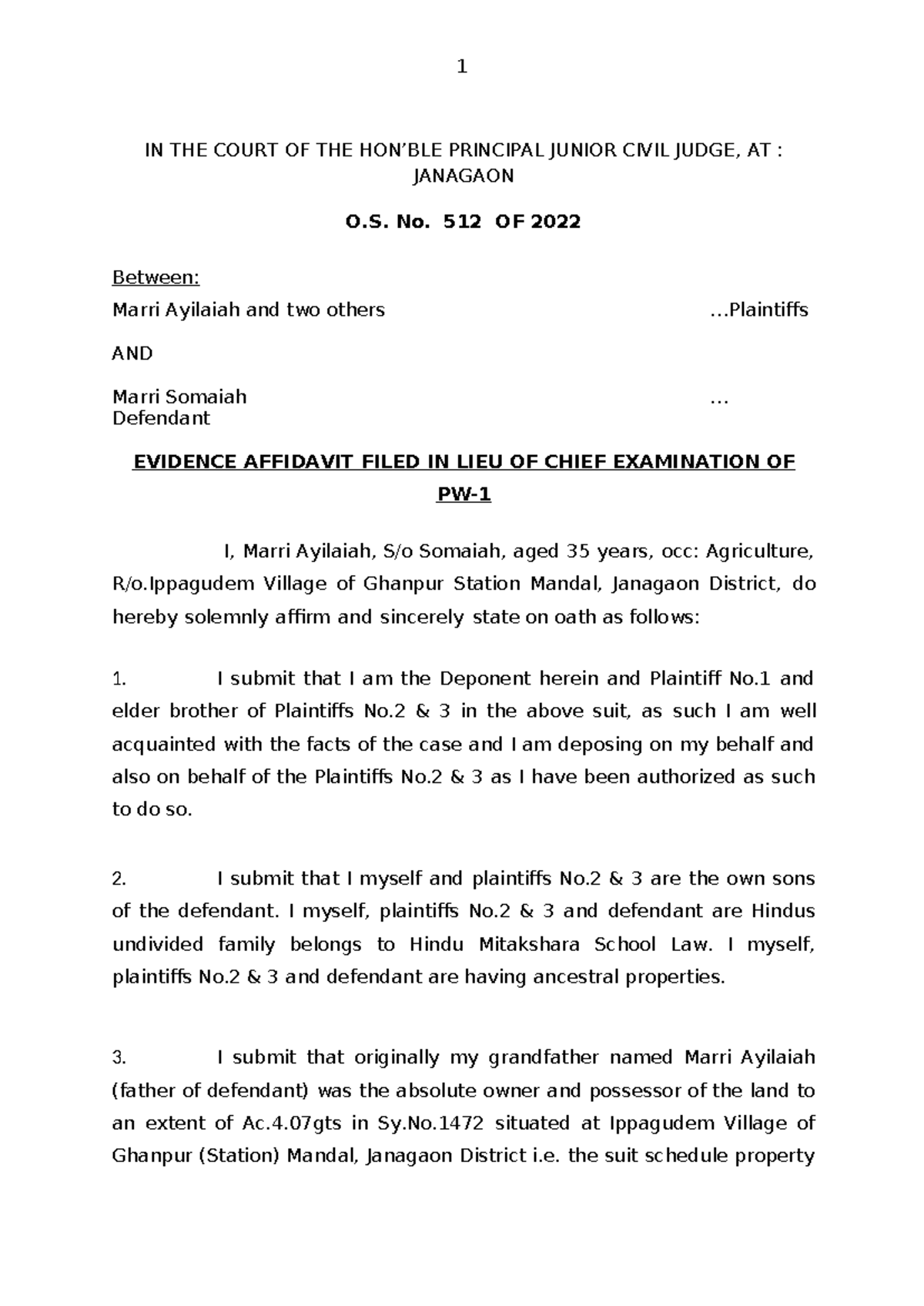 CHIEF EXAMINATION AFFIDAVIT - IN THE COURT OF THE HON’BLE PRINCIPAL ...