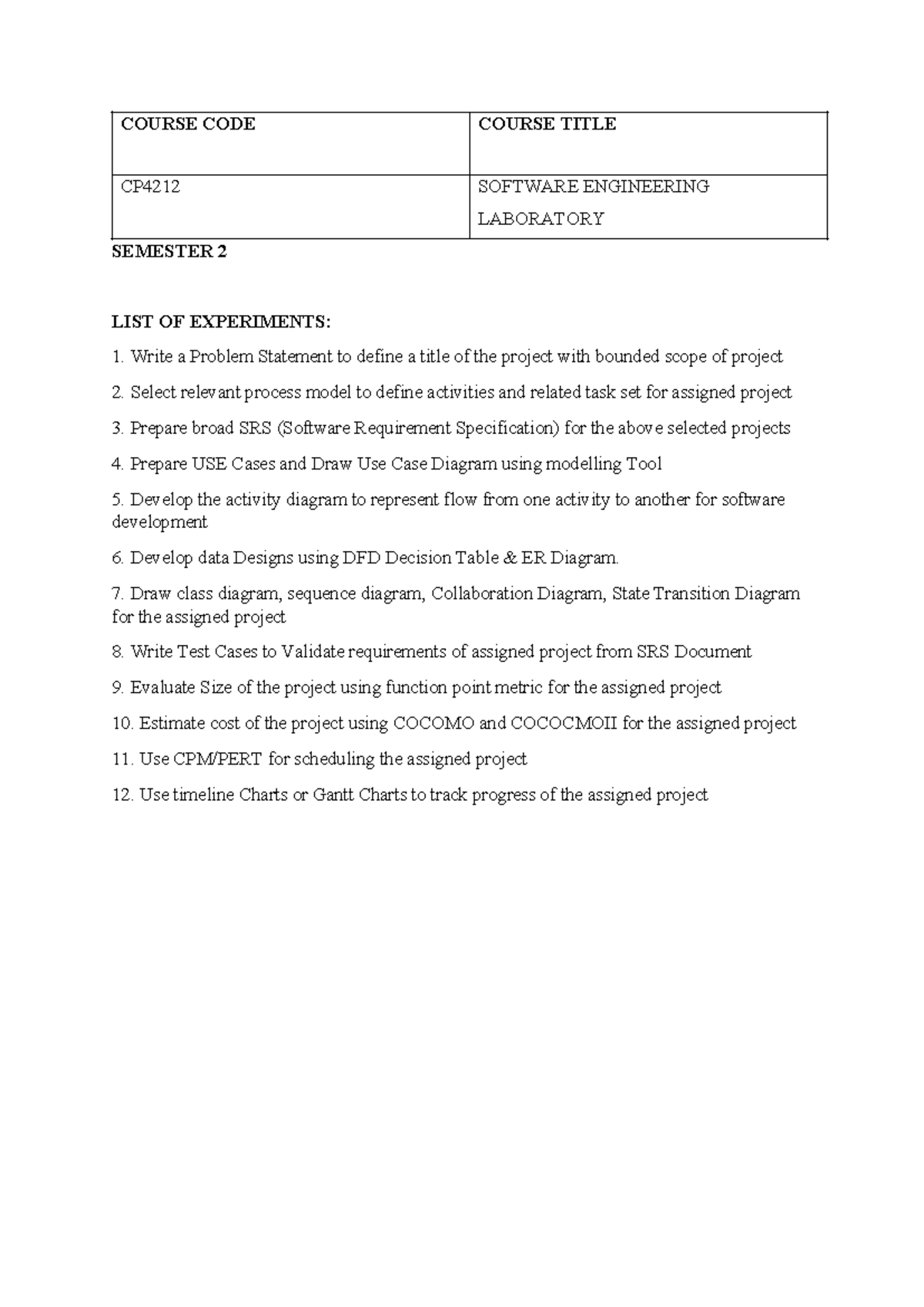 ME 2ND SEM - USE - COURSE CODE COURSE TITLE CP4212 SOFTWARE ENGINEERING ...