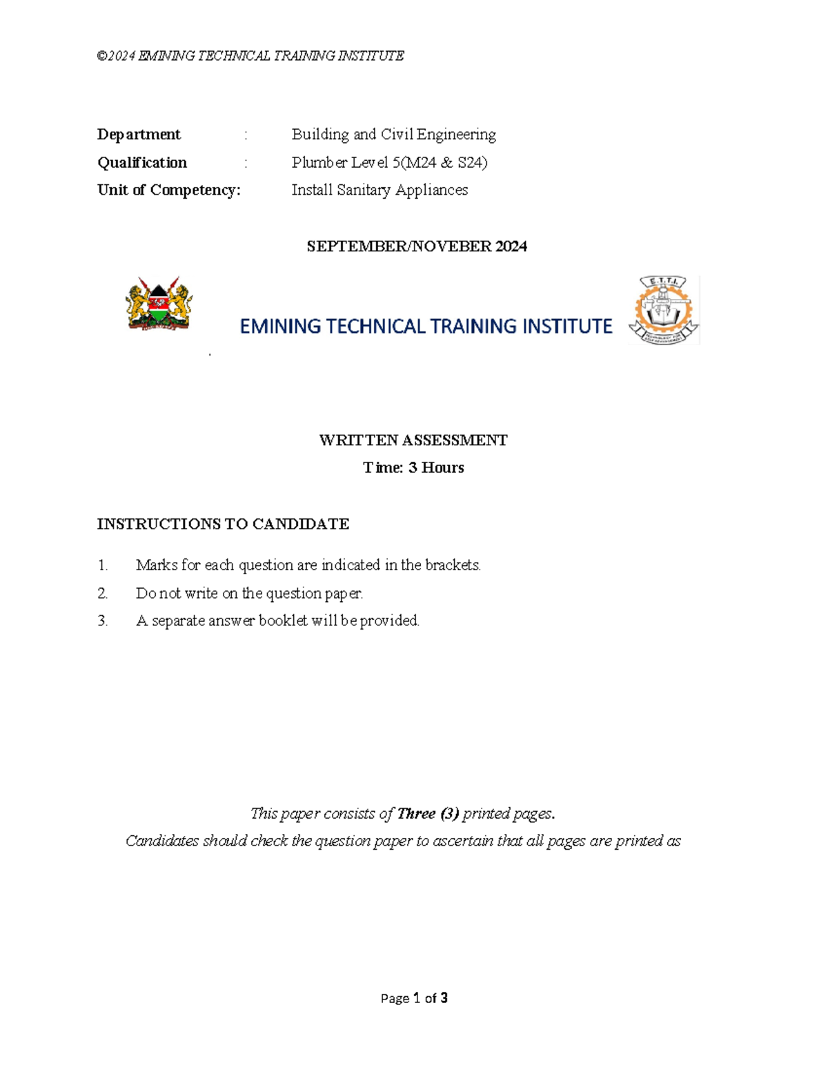 ISA M24 S24 - Plumbing Option - ©2024 EMINING TECHNICAL TRAINING ...