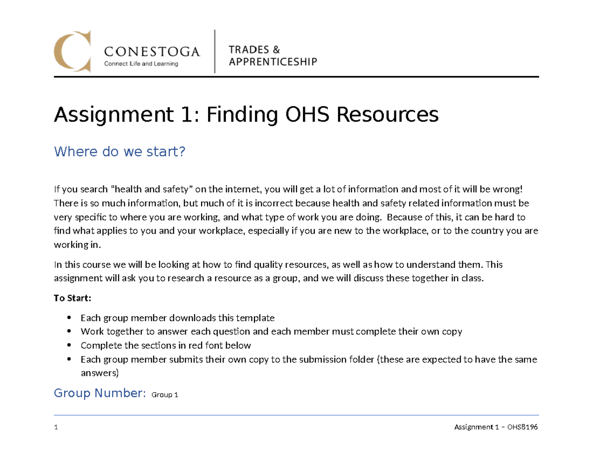 Assignment 1 Finding OHS Resources - Assignment 1: Finding OHS Resources Where do we start? If ...