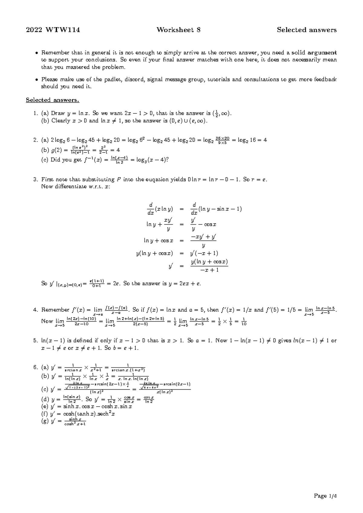 Worksheet 8 - selected answers - 2022 WTW114 Worksheet 8 Selected answers Remember that in ...