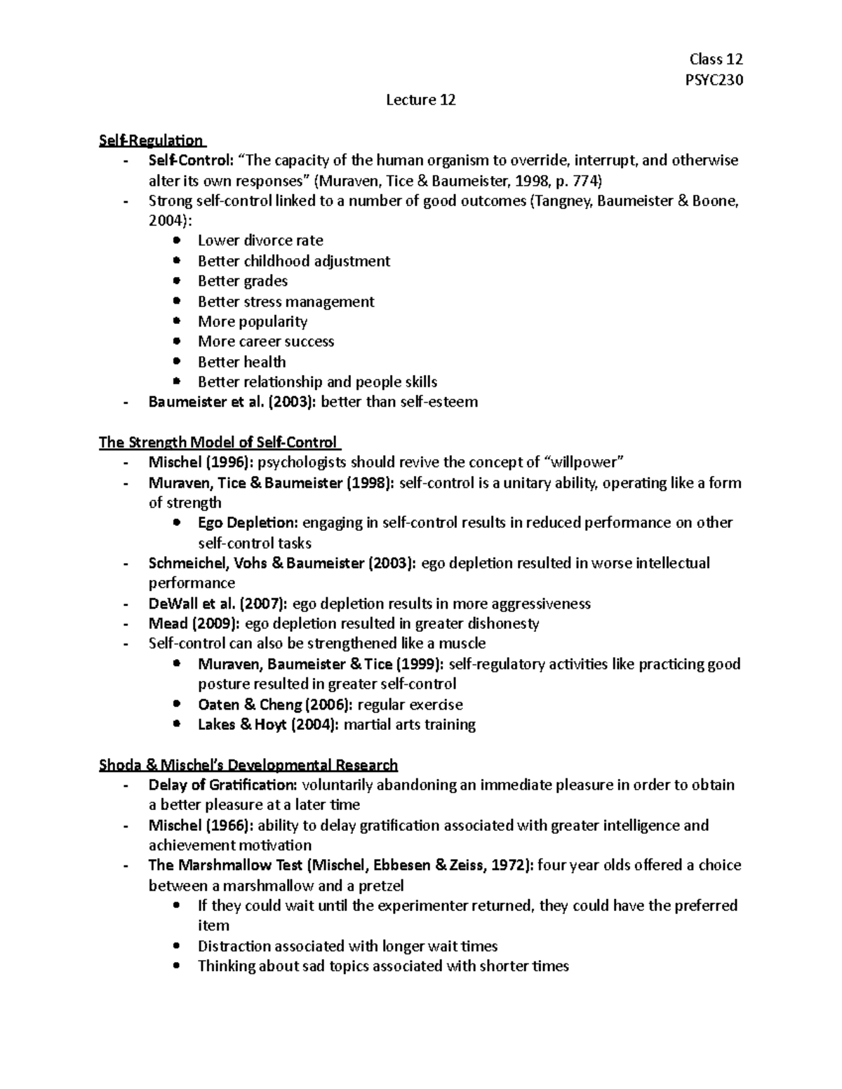 Lecture 12 - Class notes - Class 12 PSYC Lecture 12 Self-Regulation ...