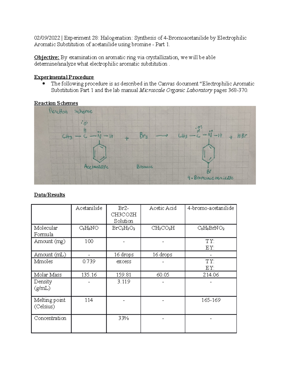 Experiment 28 Part I: Halogenation: Synthesis of 4-Bromoacetanilide by ...