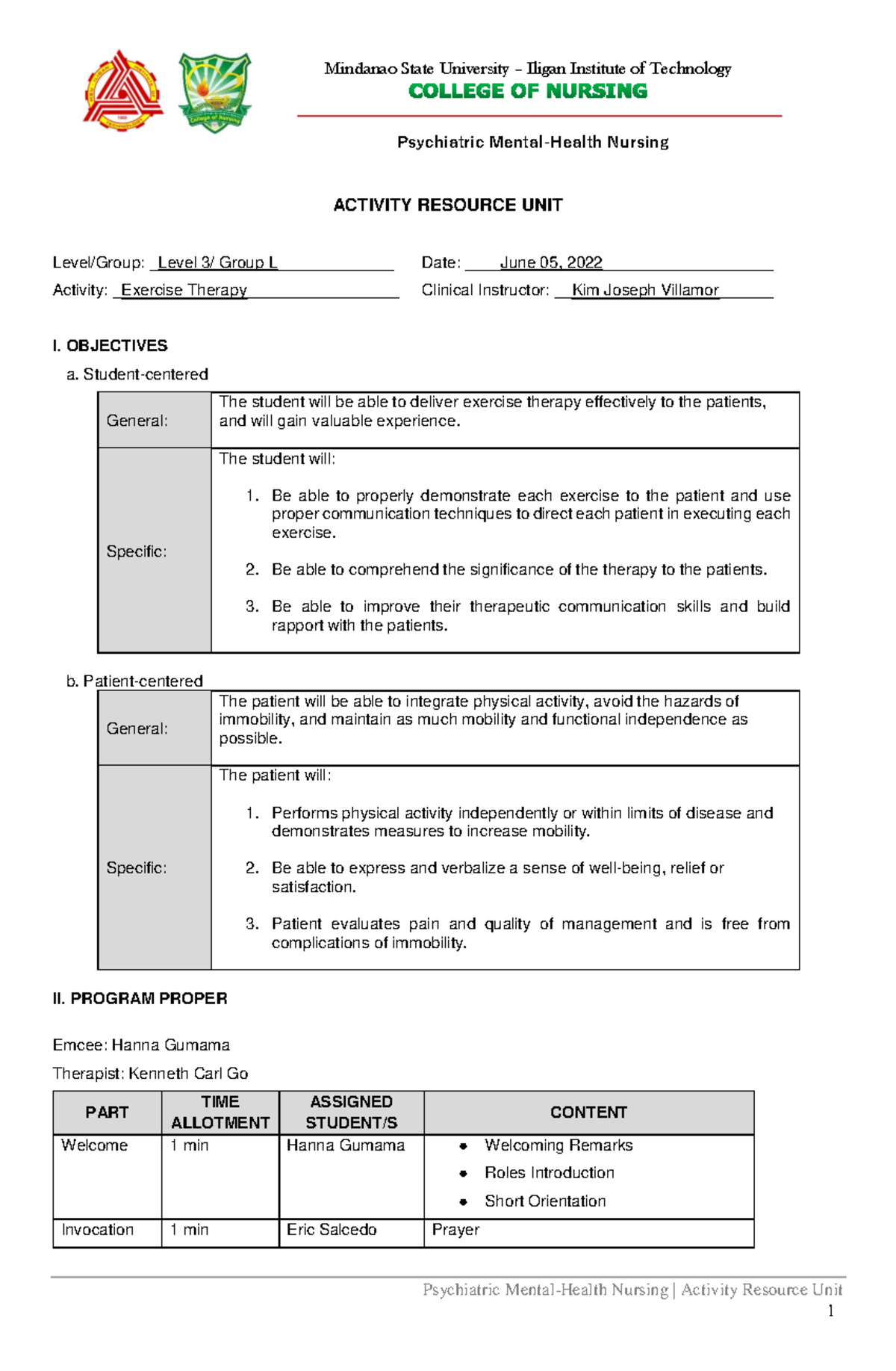 Exercise Therapy Activity Resource-Unit - Psychiatric Mental-Health ...
