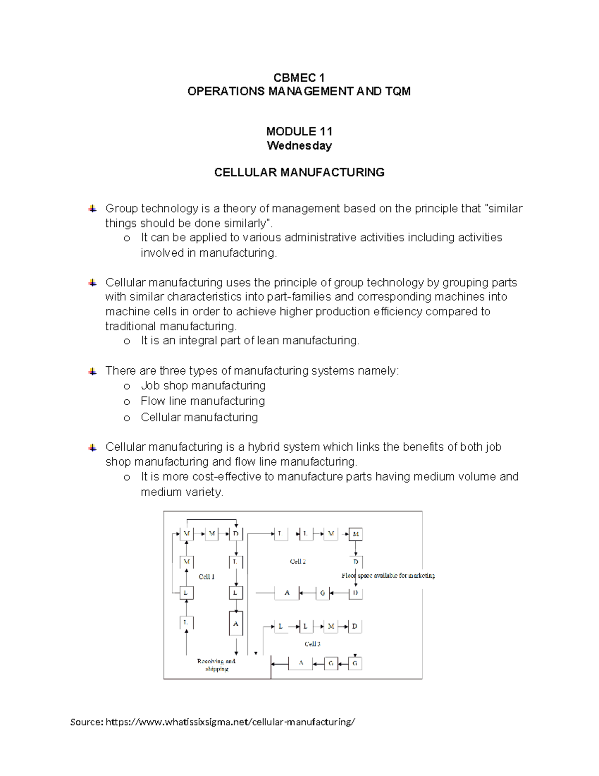 Cbmec 1 M11 WED - Summaries - CBMEC 1 OPERATIONS MANAGEMENT AND TQM MODULE 11 Wednesday CELLULAR ...