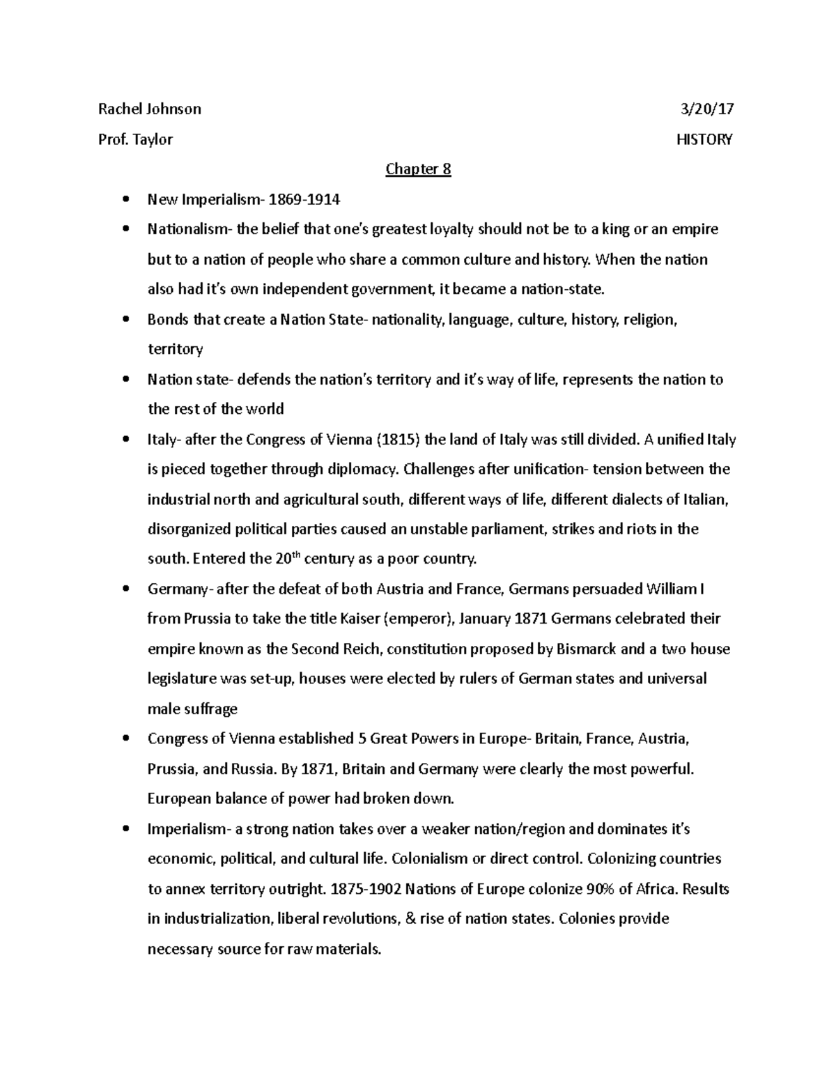 History Core - Chapter 8 notes - Rachel Johnson 3/20/ Prof. Taylor ...