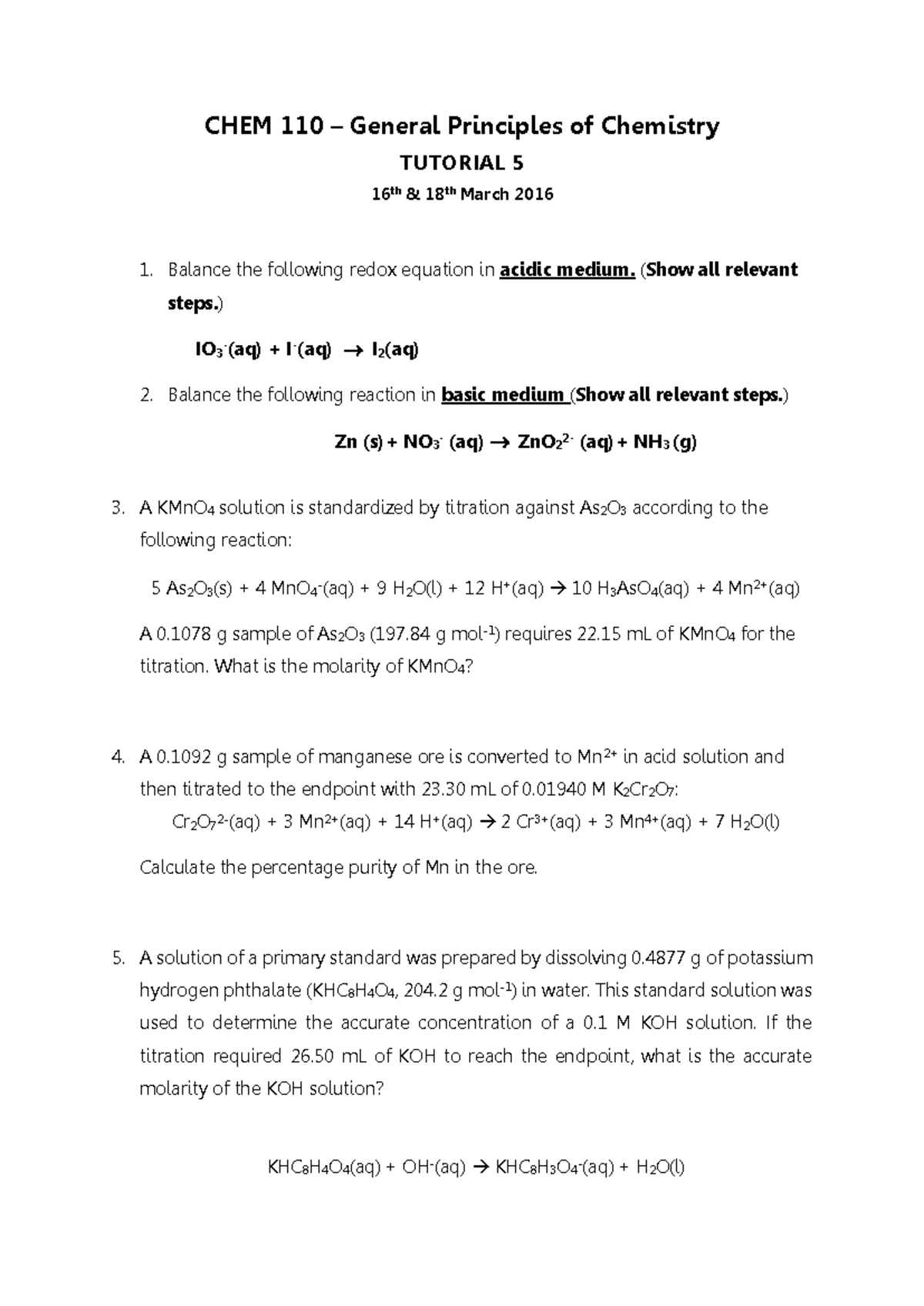TUT 5 questions - CHEM 110 – General Principles of Chemistry TUTORIAL 5 ...