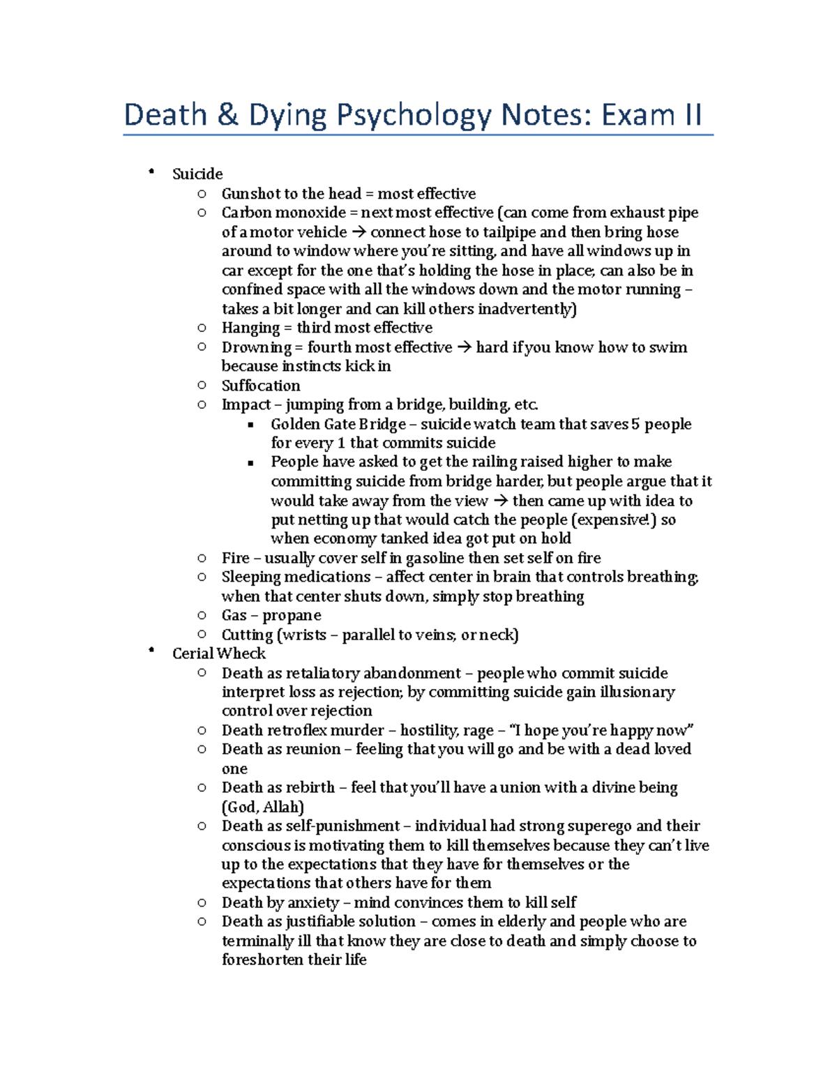 Exam 2 Study Guide - Death & Dying Psychology Notes: Exam II Suicide o ...