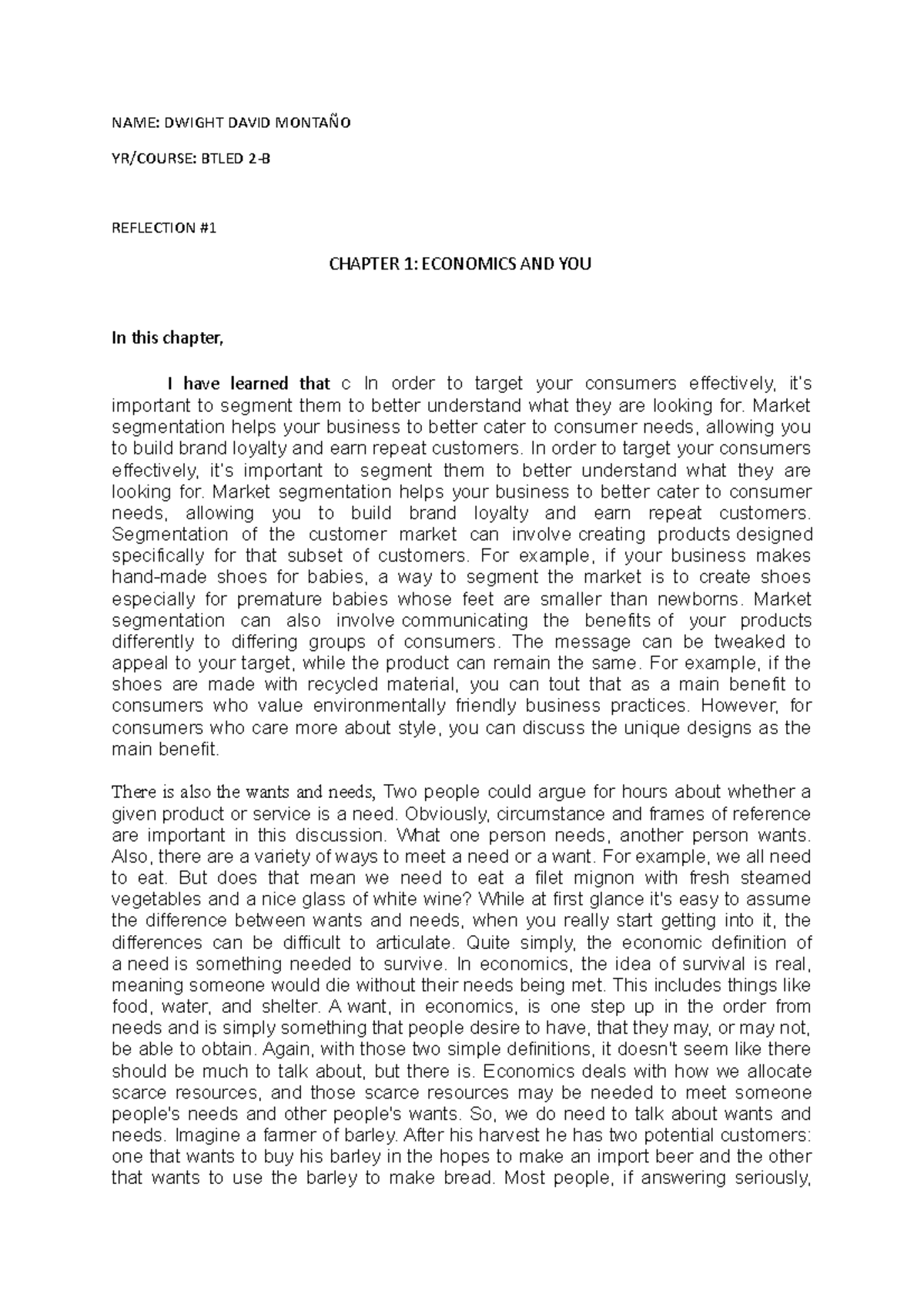 Reflection 1-5 - Haha - NAME: DWIGHT DAVID MONTAÑO YR/COURSE: BTLED 2-B REFLECTION # CHAPTER 1 ...