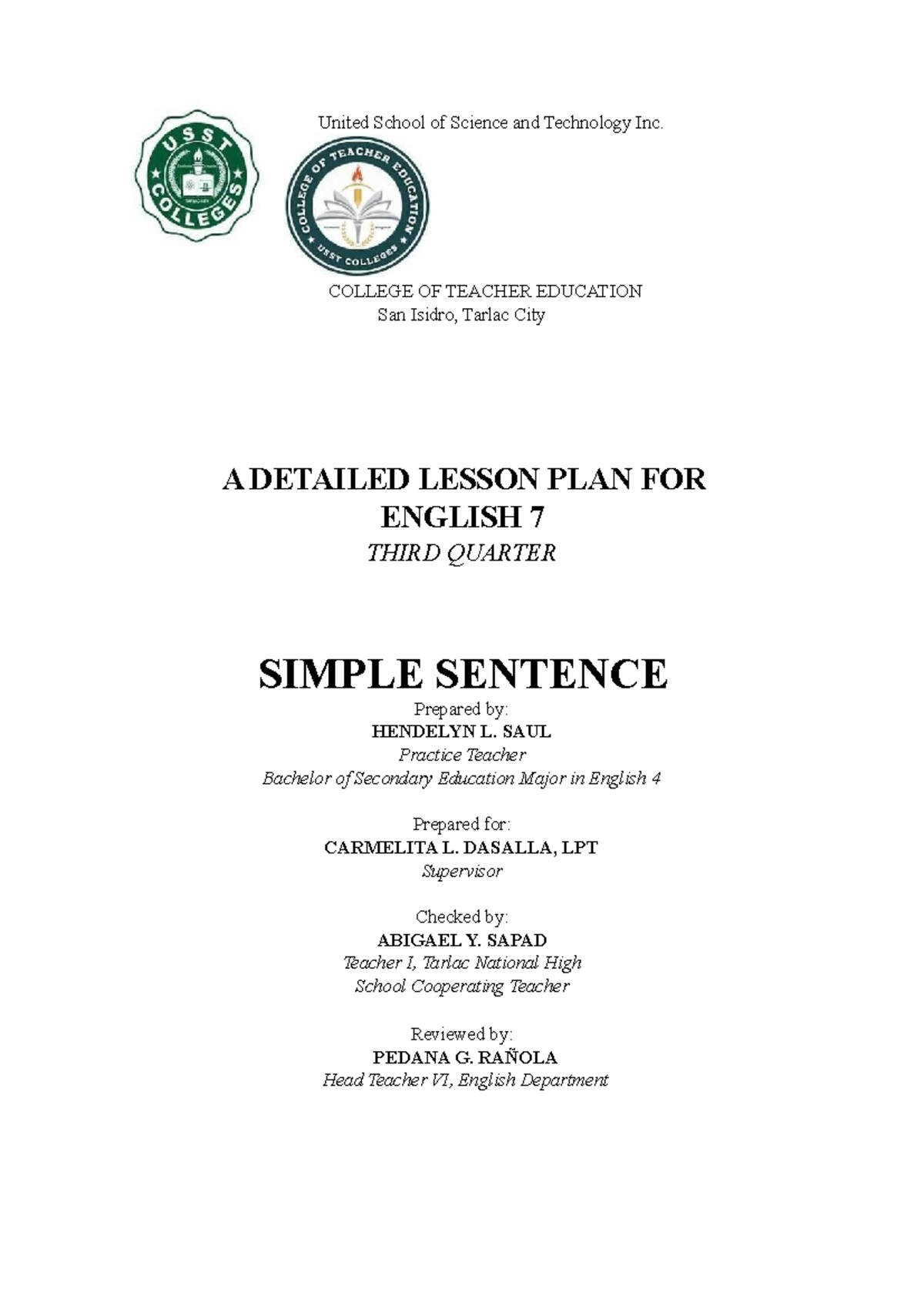 Final-Lesson-plan - Sample Lp - United School of Science and Technology ...