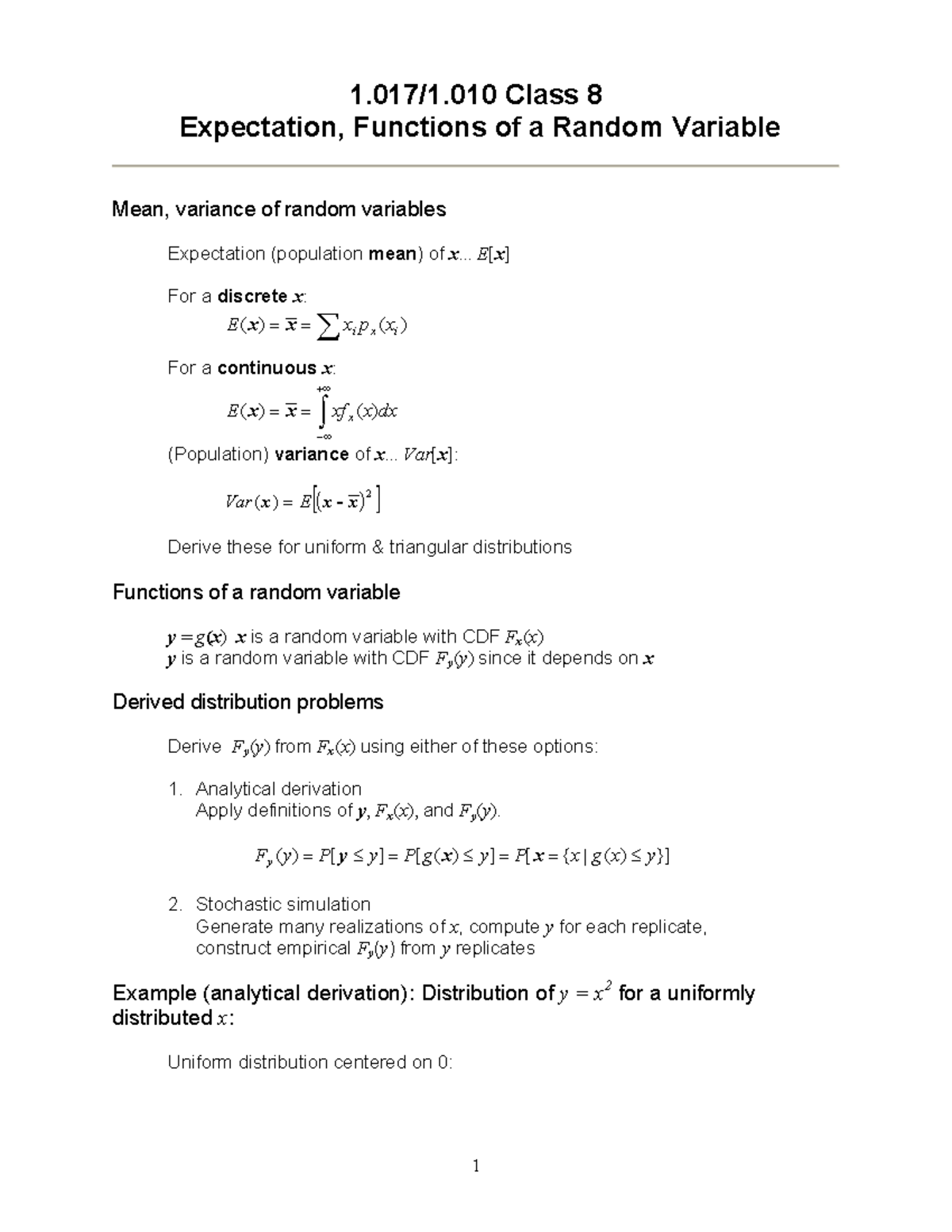 Expectation, Functions of a Random Variable - 1.017/1 Class 8 ...