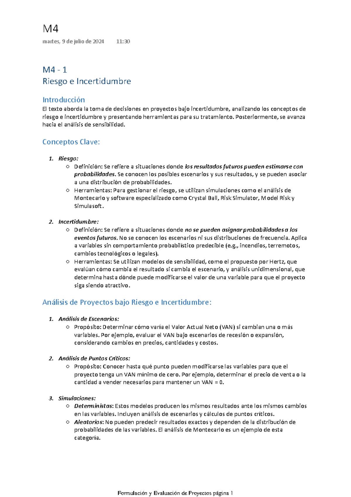 Resumen M4 - M4 - 1 Riesgo e Incertidumbre Introducción El texto aborda la toma de decisiones en ...