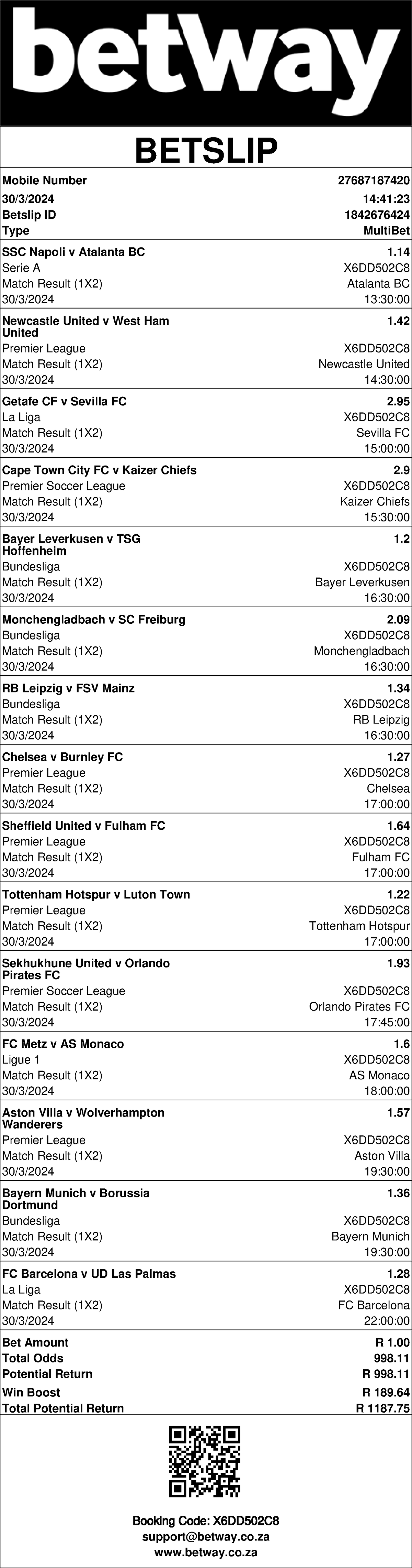 FRK PRAC 20232122 - BETSLIP Mobile Number 27687187420 30/3/2024 14:41 ...