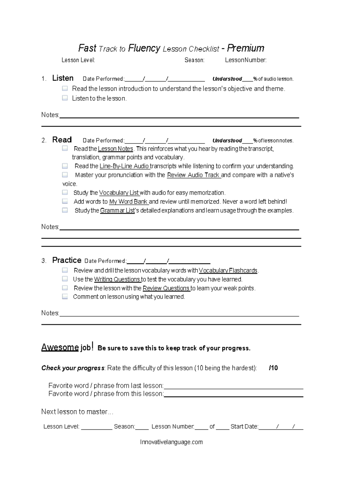 000 Fluency Fast Premium Checklist - Fast Track to Fluency Lesson ...