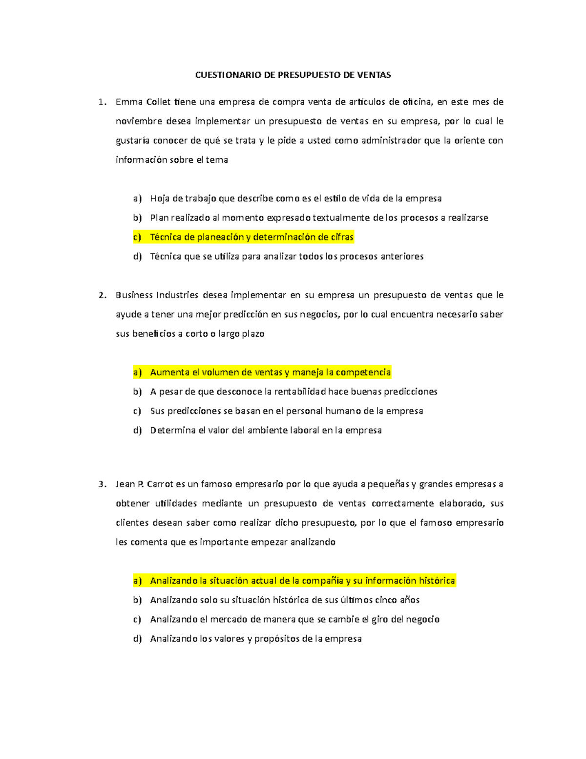 Cuestionario de presupuesto de ventas - CUESTIONARIO DE PRESUPUESTO DE ...